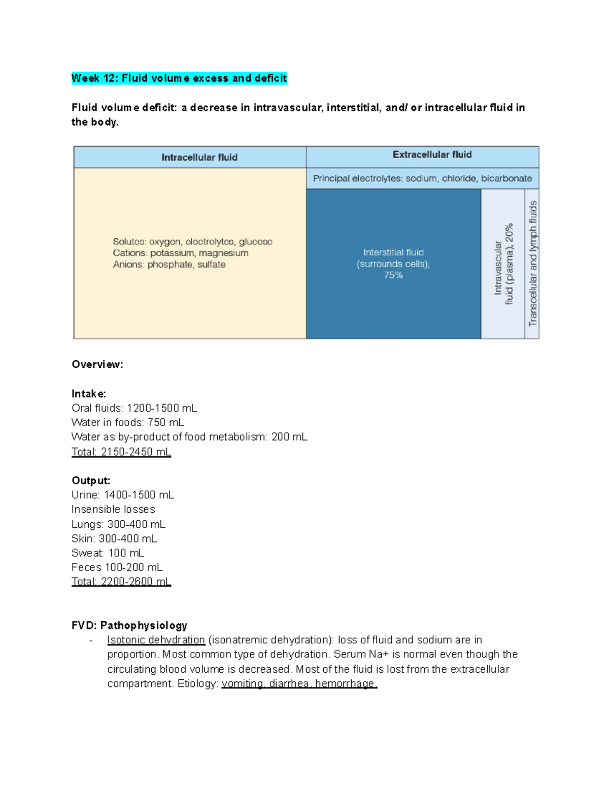 MED SURG Notes 3 - Week 12: Fluid volume excess and deficit Fluid ...