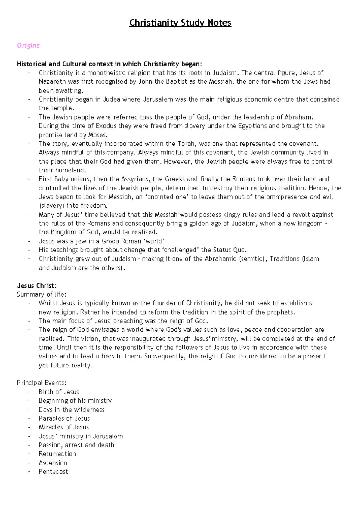 Topic 2 Notes - Christianity - Christianity Study Notes Origins ...