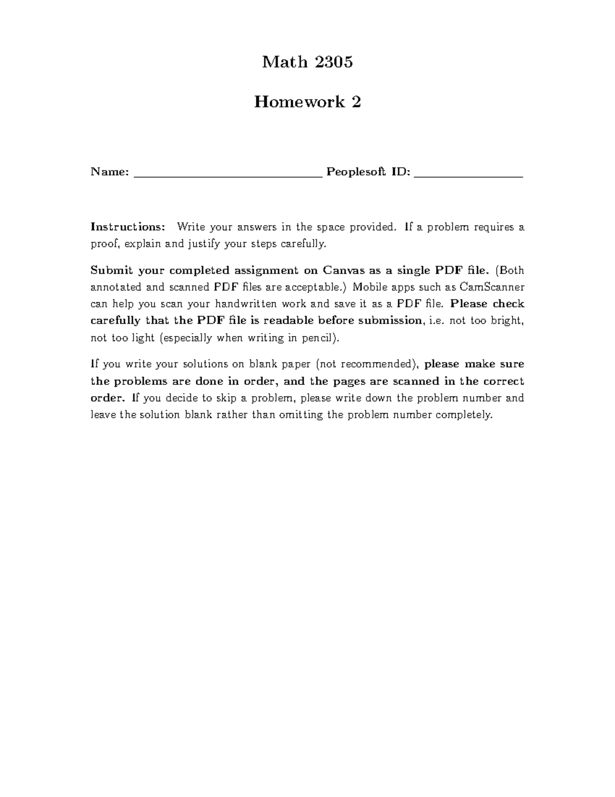 2305 HW2 solutions - Math 2305 Homework 2 Name: Peoplesoft ID ...