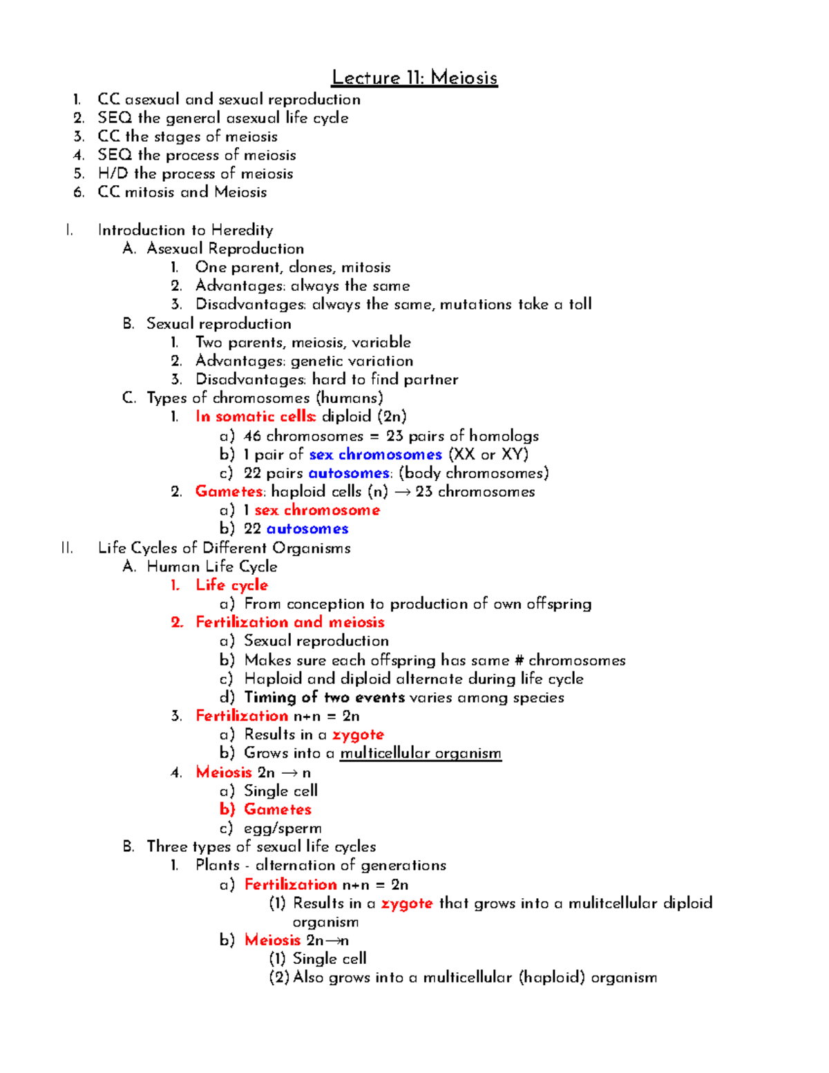 Biology Chapter 11 - Meiosis - Lecture 11: Meiosis CC asexual and ...