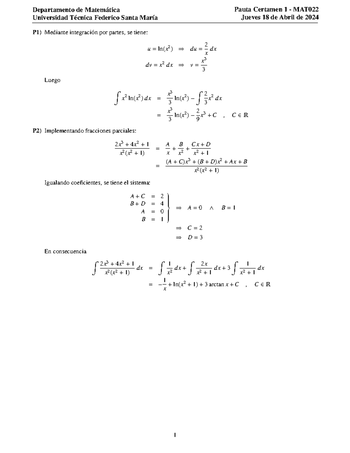 MAT 022 - 2024 1Â° - certamen 1 Pauta - Departamento de Matem ́atica Universidad T ́ecnica ...