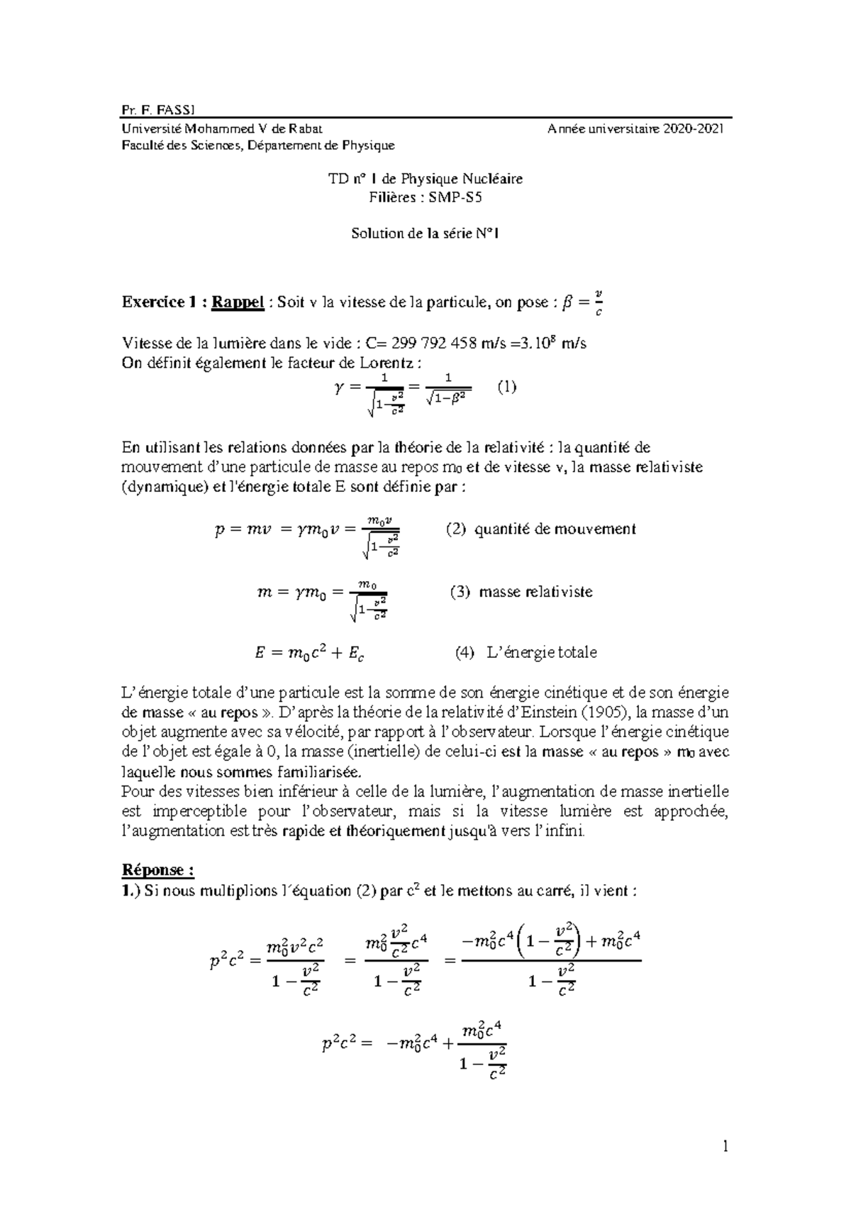 TD-SMPS5-Physique Nucléaire-Serie Nº1-Solution - Pr. F. FASSI Université Mohammed V de Rabat ...