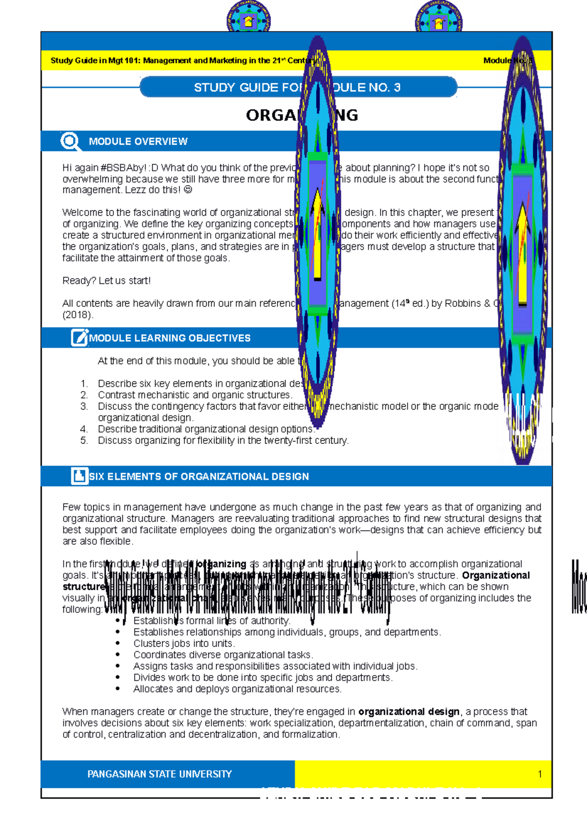 Mgt 101 SG 3 - HAHAHA - ORGANIZING MODULE OVERVIEW Hi again #BSBAby! :D ...