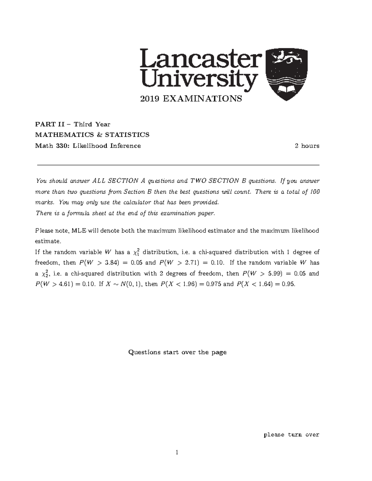 Math330 Mainexam 2019 2019 Exam Paper 2019 Examinations Part Ii