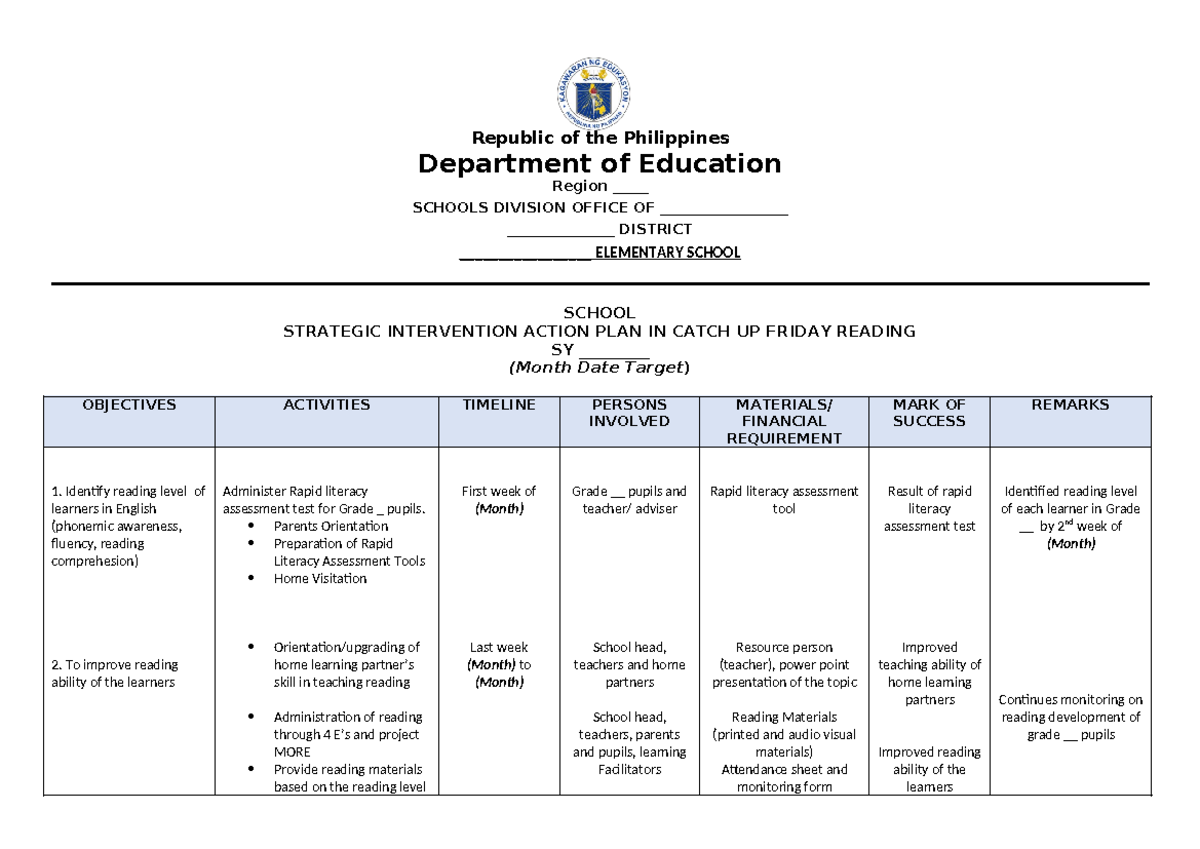 Strategic Intervention Plan in Catch UP Friday Reading - Republic of ...