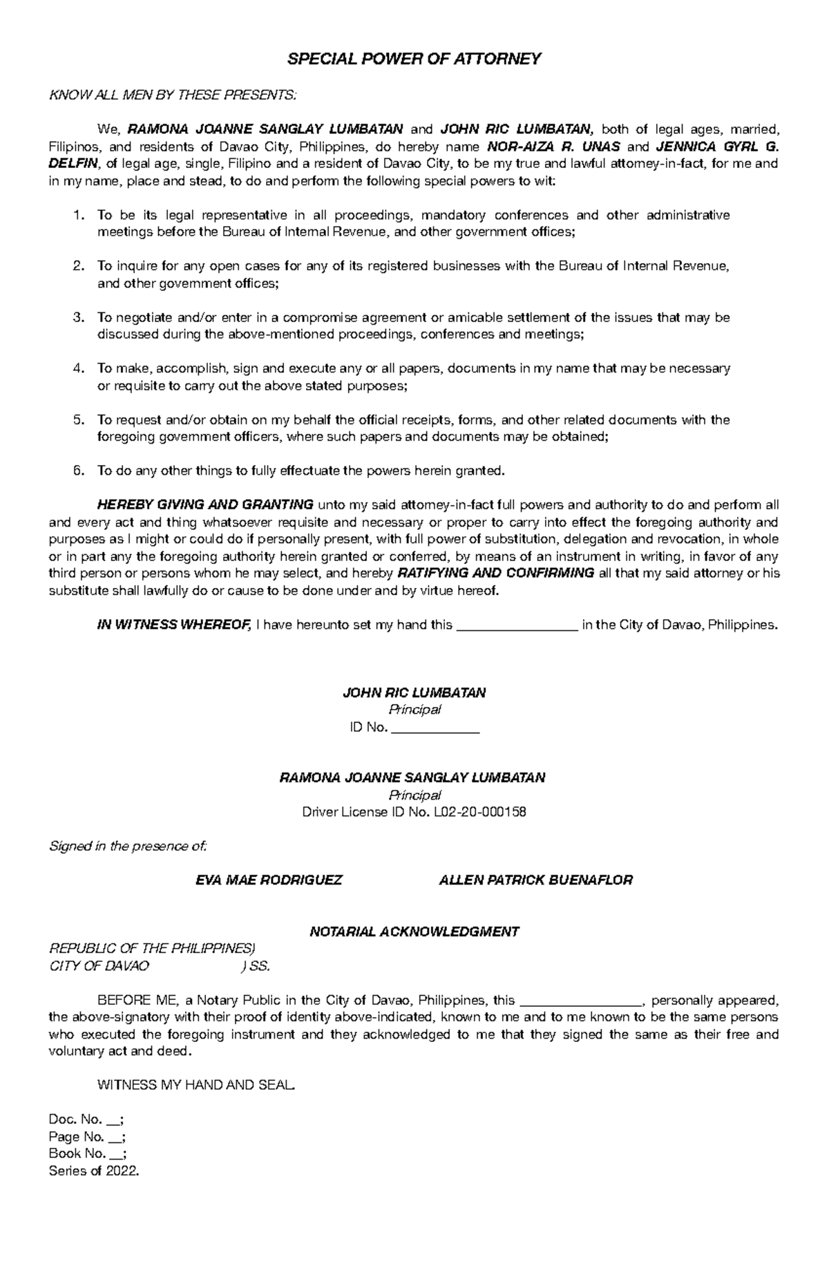 SPA-BIR - aasdsda - SPECIAL POWER OF ATTORNEY KNOW ALL MEN BY THESE ...