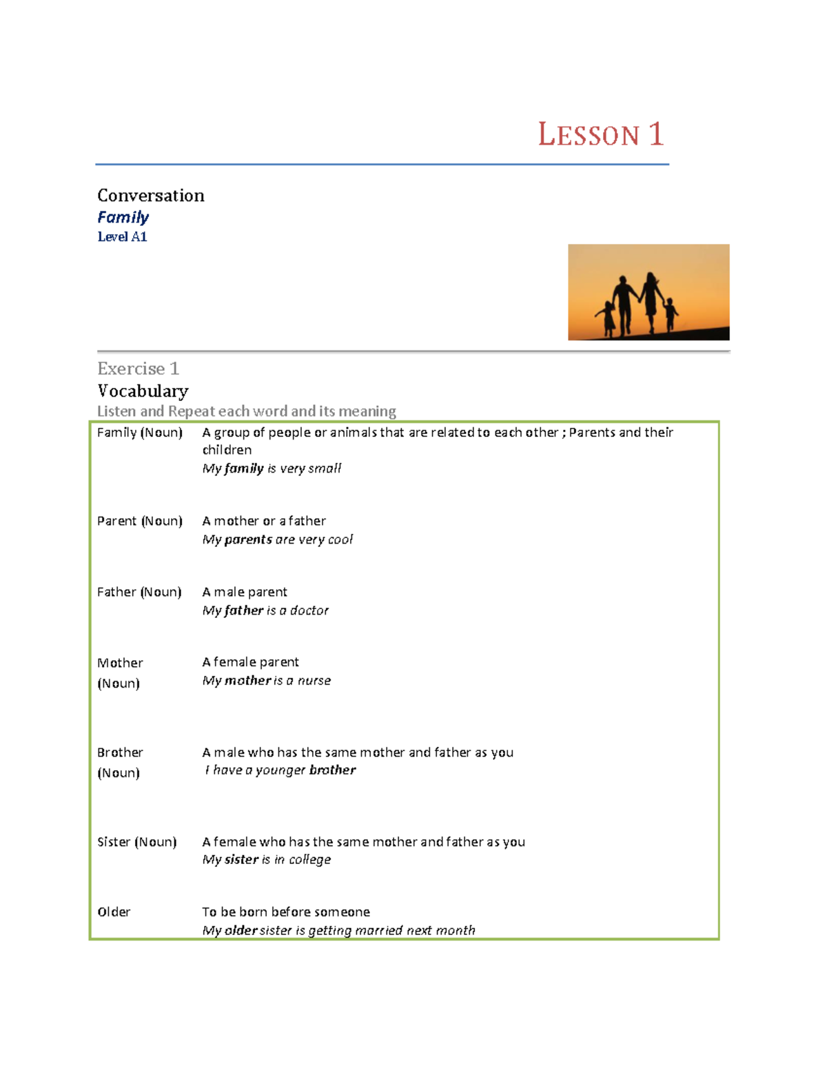 LESSON PLAN FOR EARLY CHILDHOOD STUDENTS - LESSON 1 Conversation Family ...