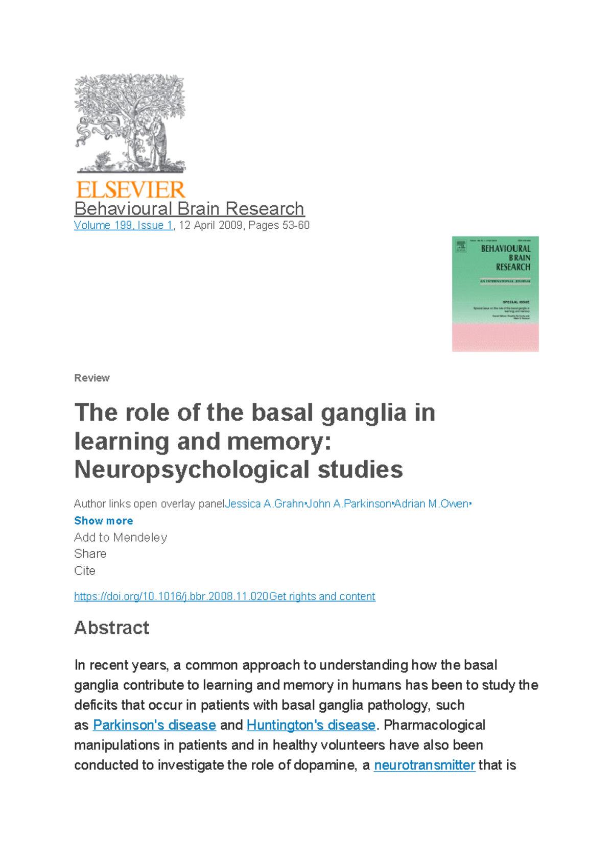 Role of Basal Ganglia - Behavioural Brain Research Volume 199, Issue 1 ...