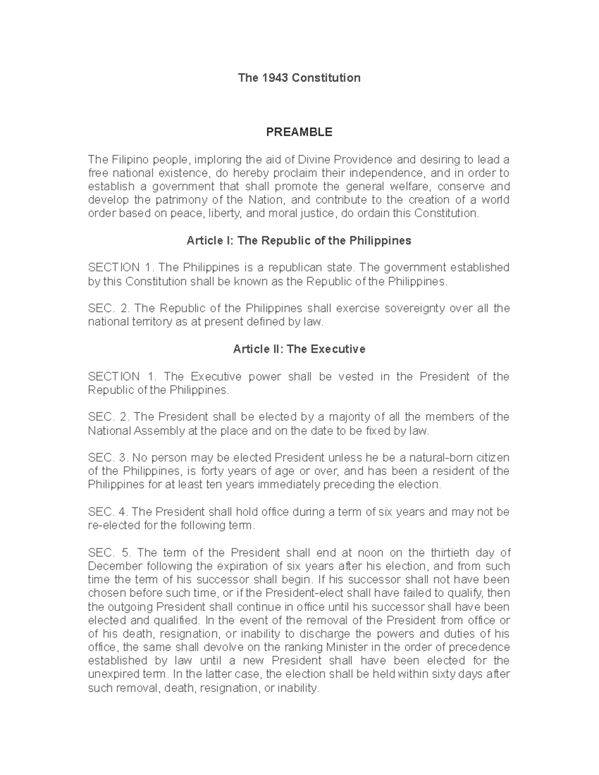 1943 2nd Phil Rep Const - The 1943 Constitution PREAMBLE The Filipino ...