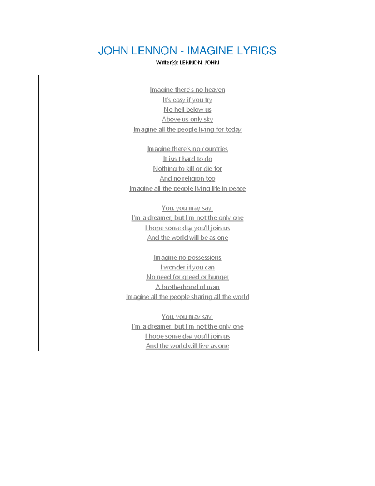 3 Imagine by John Lennon - JOHN LENNON - IMAGINE LYRICS Writer(s ...