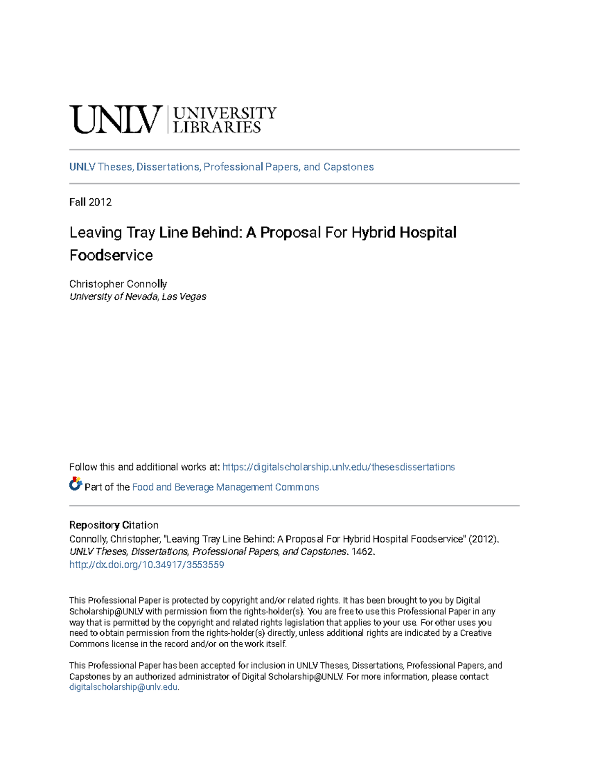 Leaving Tray Line Behind A Proposal For Hybrid Hospital Foodserv - UNLV ...
