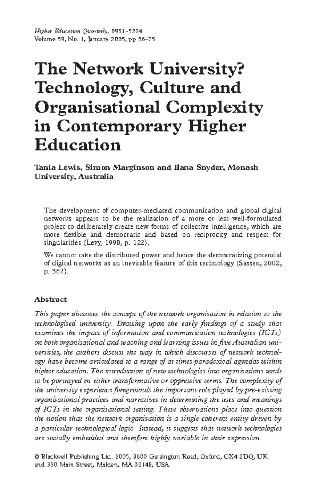 The Network University Technology Cultur - „ Blackwell Publishing Ltd ...