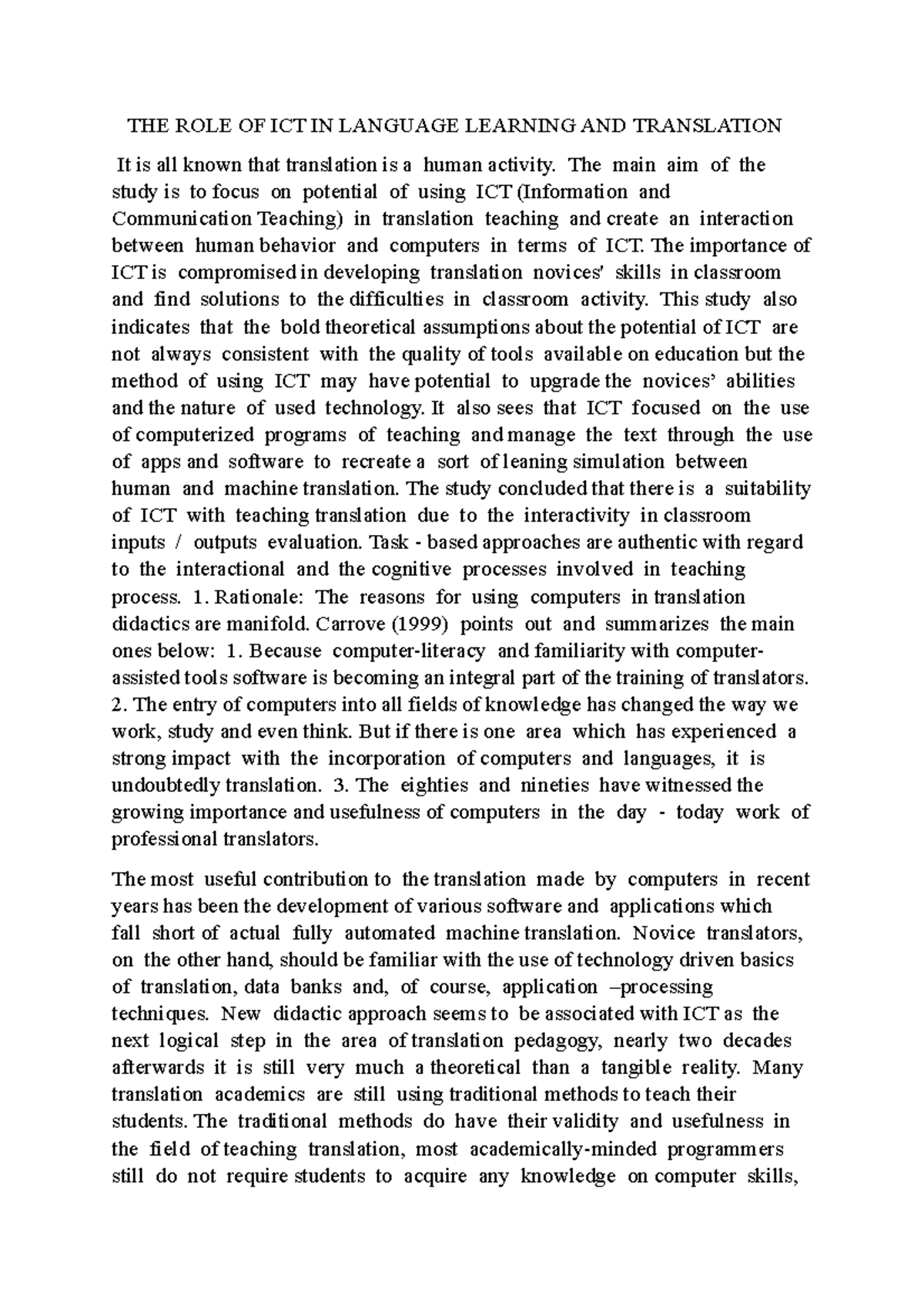 Lecture 1 - THE ROLE OF ICT IN LANGUAGE LEARNING AND TRANSLATION It is ...