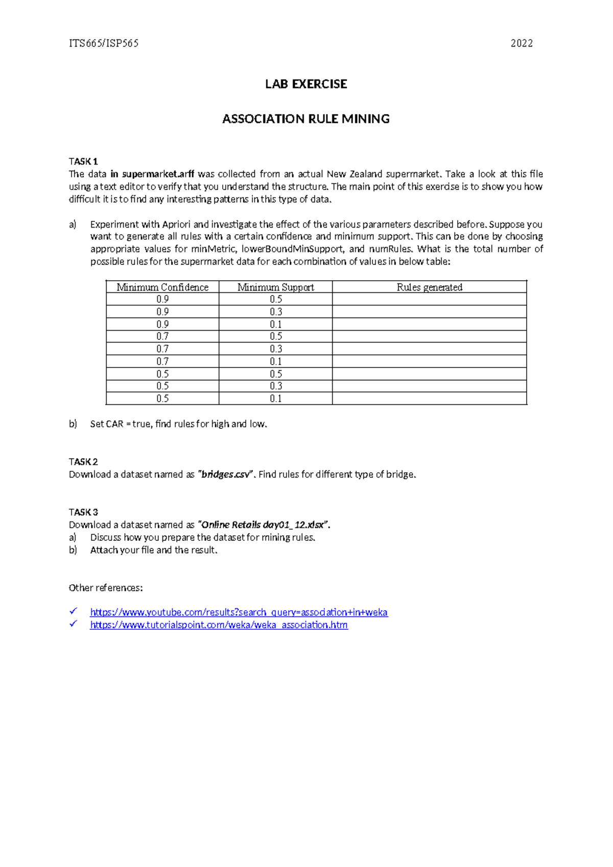 WEEK 12 Association - ITS665/ISP565 2022 LAB EXERCISE ASSOCIATION RULE MINING TASK 1 The data in ...