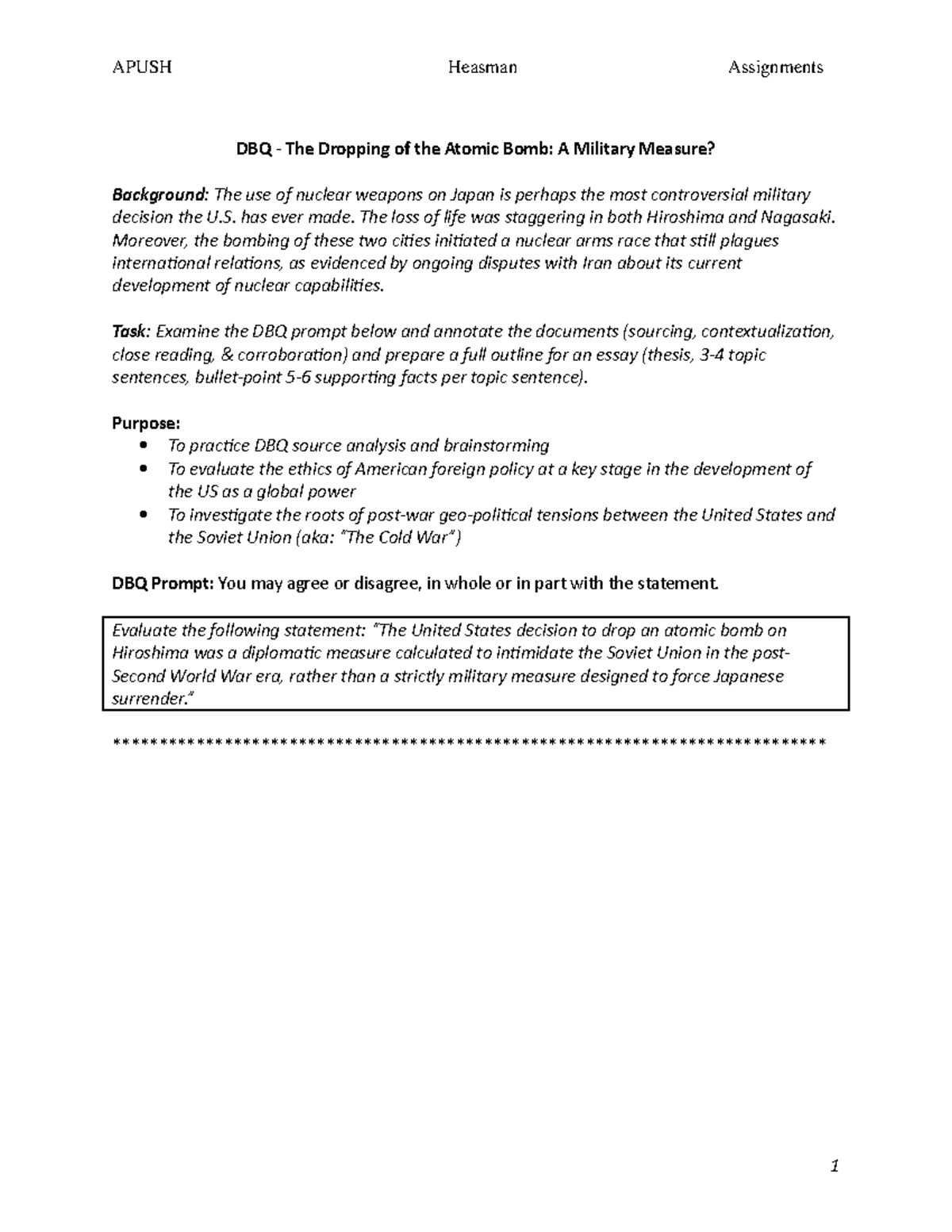 Atomicbombinvestigationdbq - DBQ - The Dropping of the Atomic Bomb: A ...