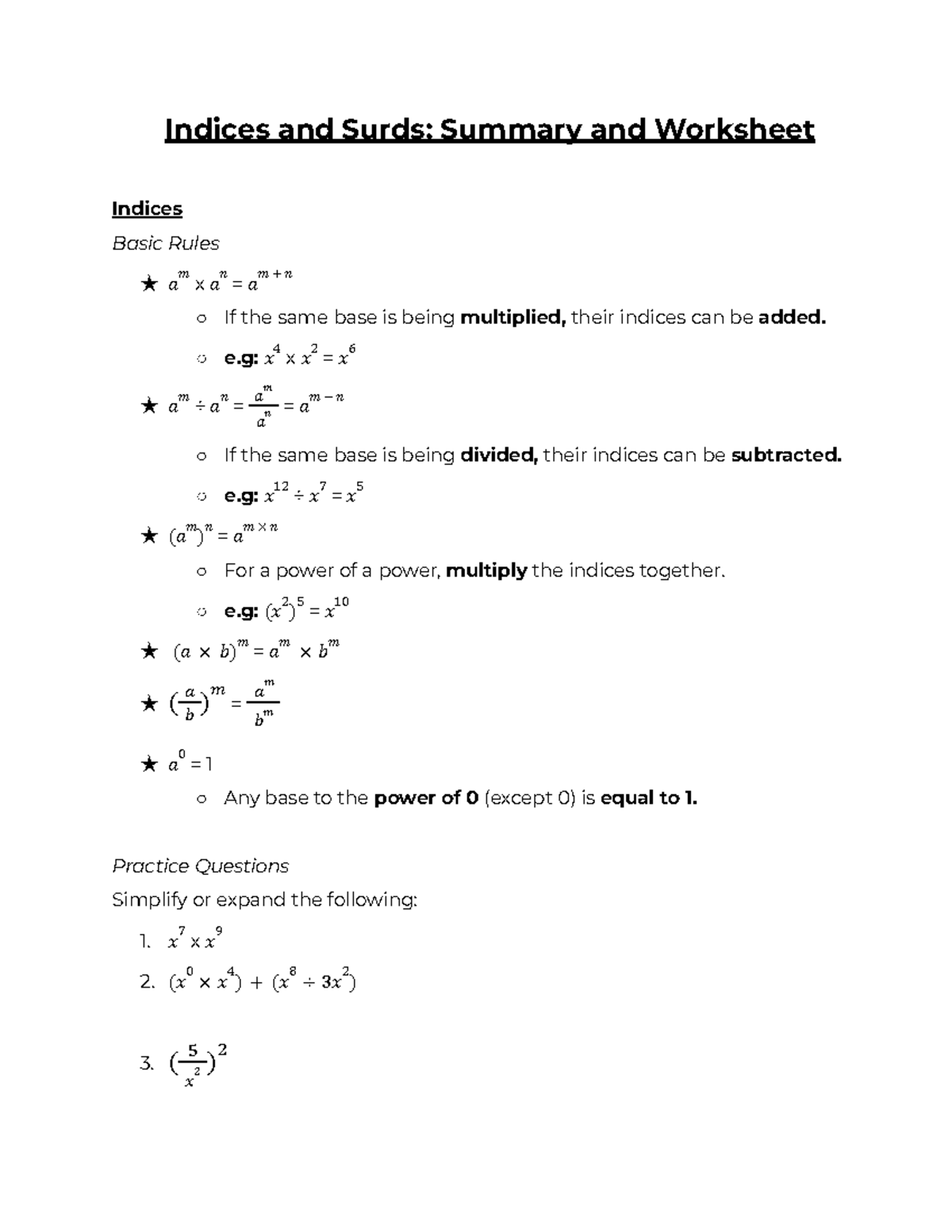 Maths Worksheet - Indices and Surds: Summary and Worksheet Indices ...