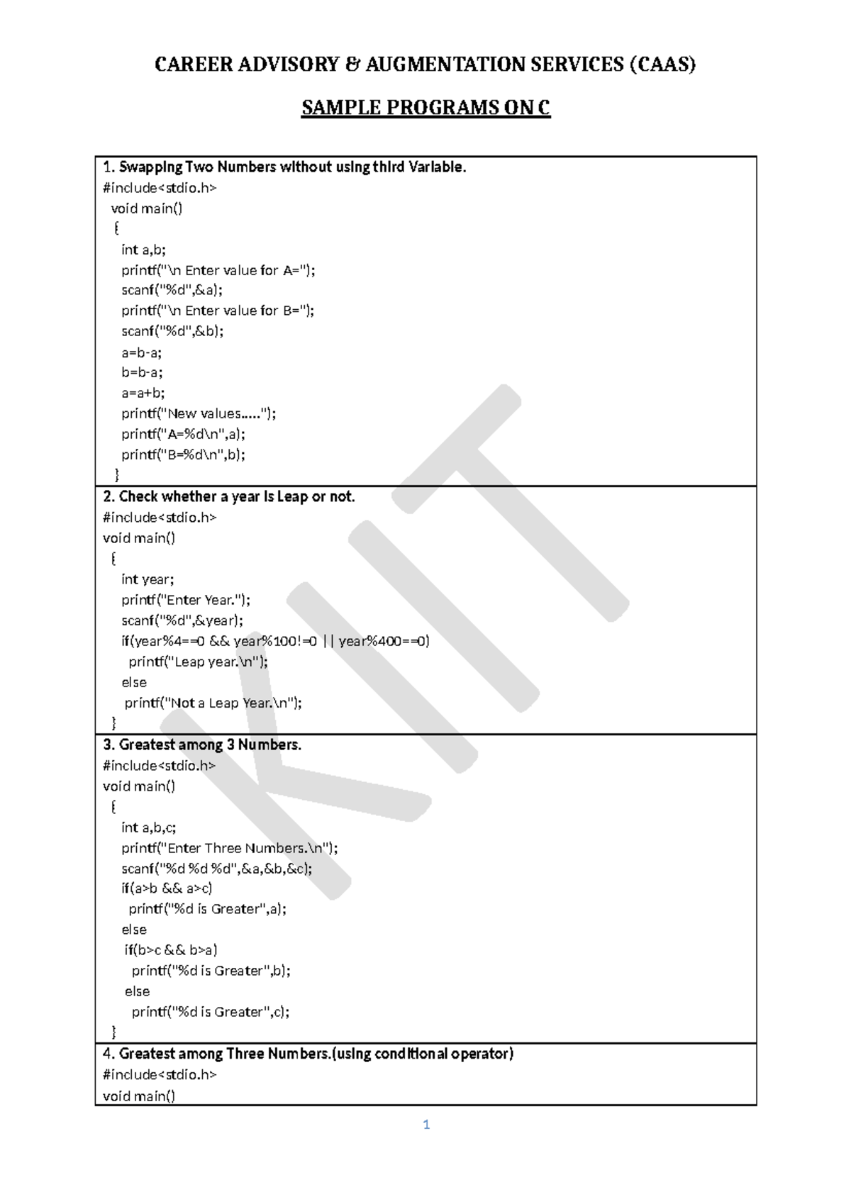 Sample Programs on C - Practice Questions - Cognitive Aptitude Test I ...