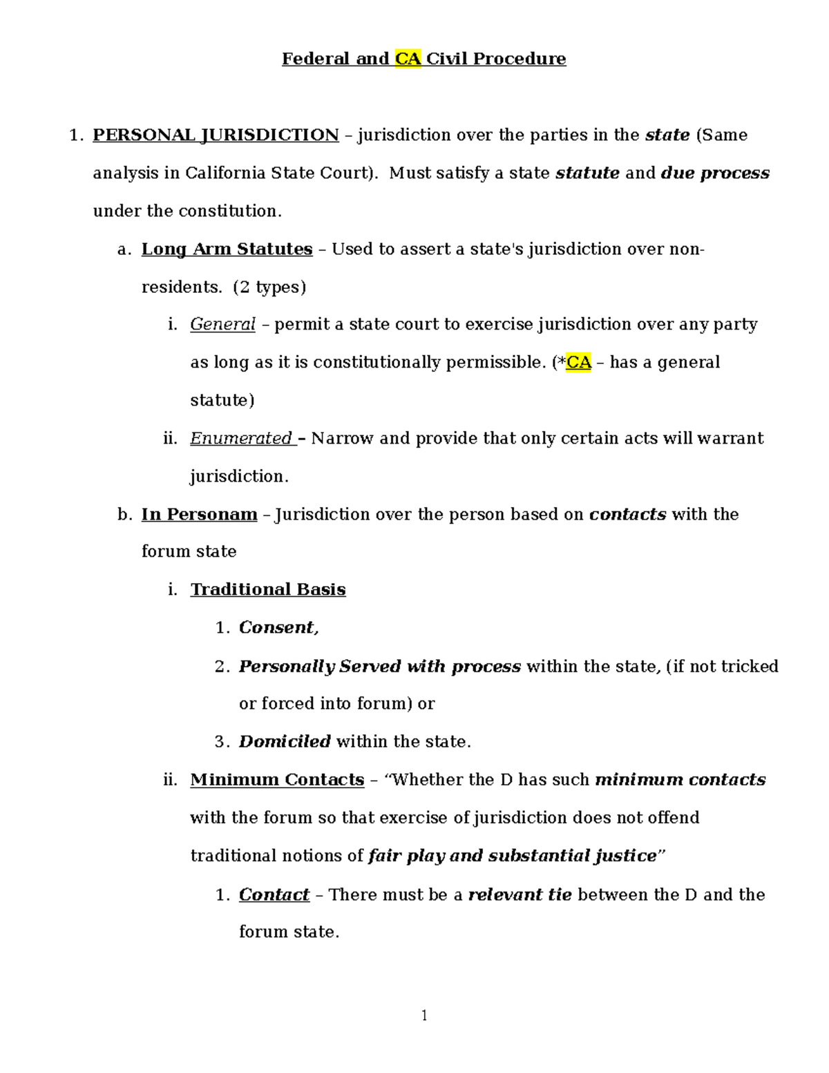 Civil procedure outline - Federal and CA Civil Procedure PERSONAL ...