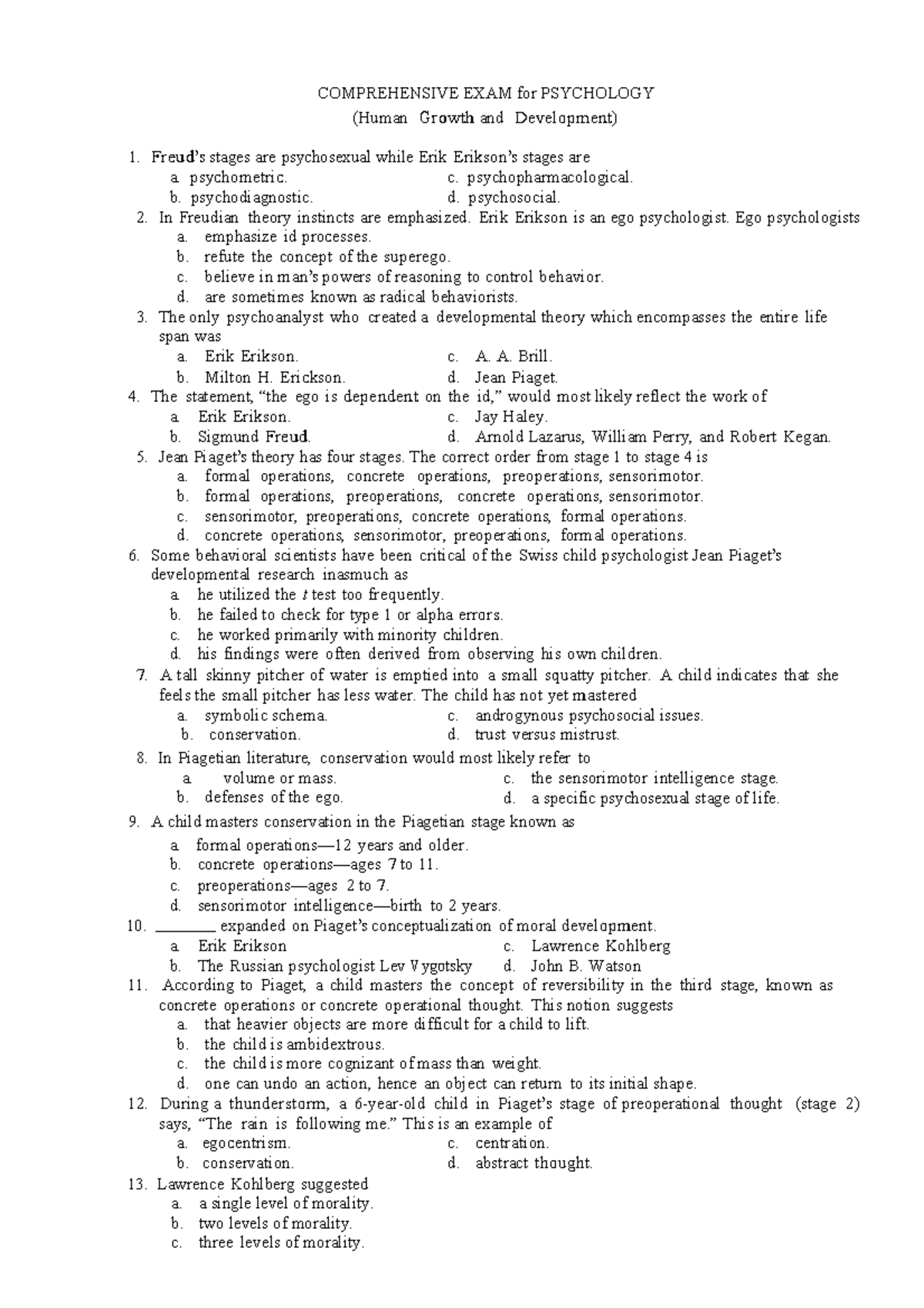 Compre DEV Psych - COMPREHENSIVE EXAM for PSYCHOLOGY (Human Growth and ...
