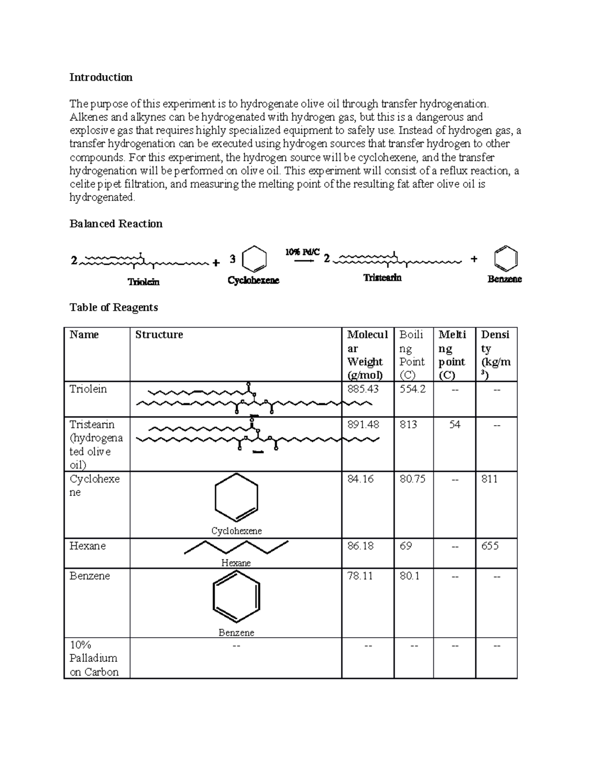 Hydrogenation Pre Lab - Introduction The purpose of this experiment is ...