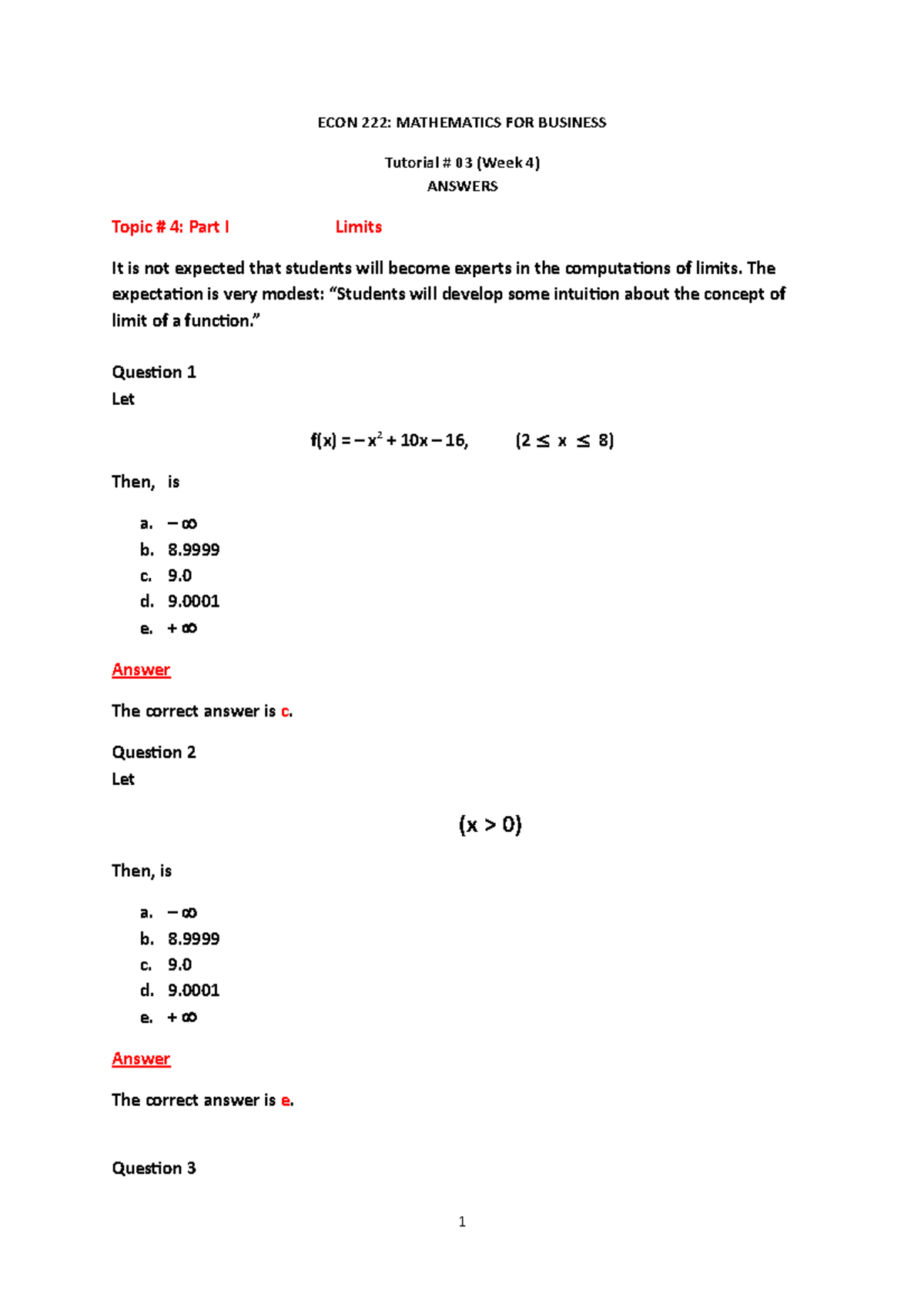 222, Tute # 03 (Answers) Spring 2022 - ECON 222: MATHEMATICS FOR BUSINESS Tutorial # 03 (Week 4 ...