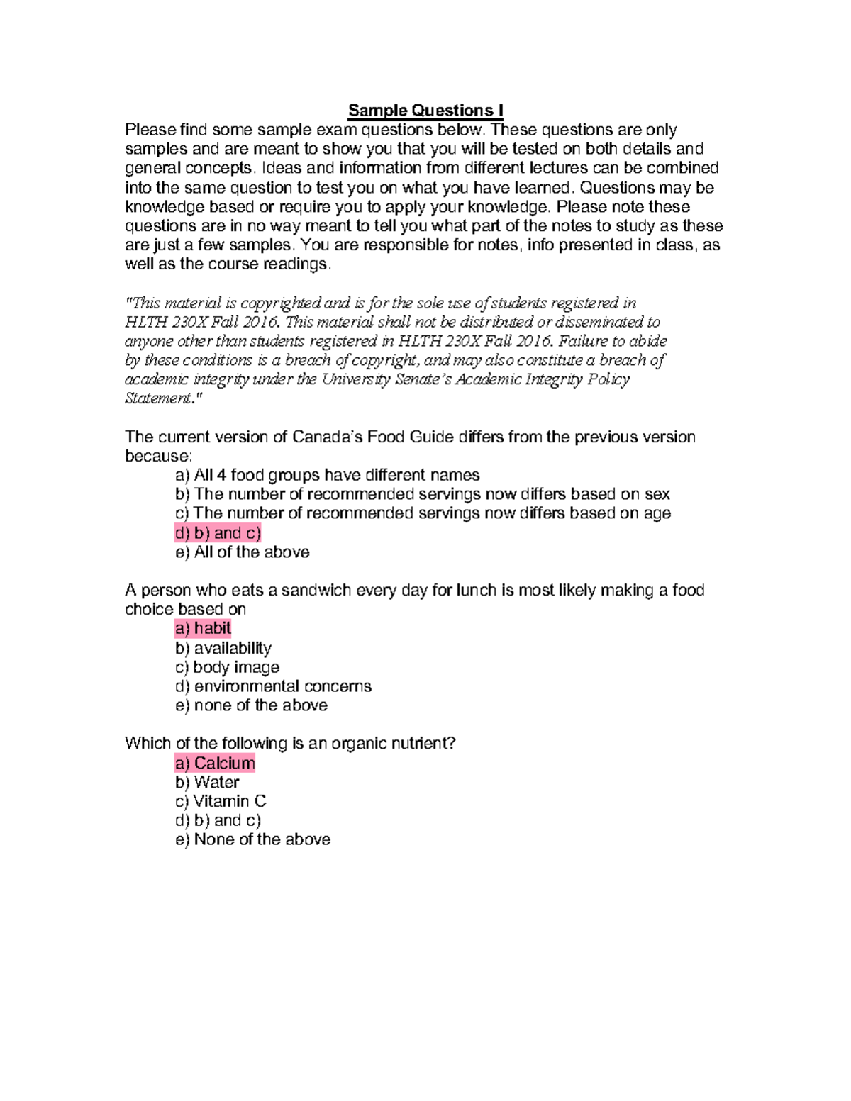 Nutrition Exam Practice Questions - Sample Questions I Please find some ...