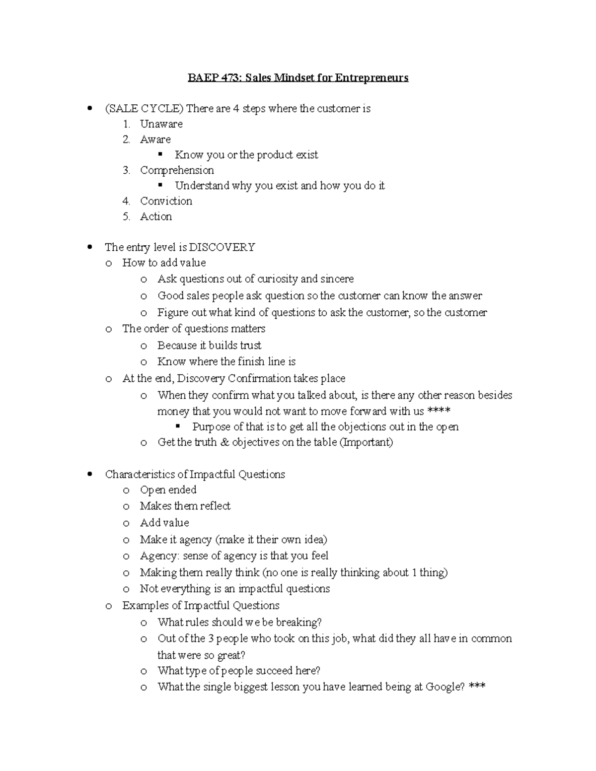 BAEP 473 Chapter 1 and 2 Lecture Notes - BAEP 473: Sales Mindset for ...