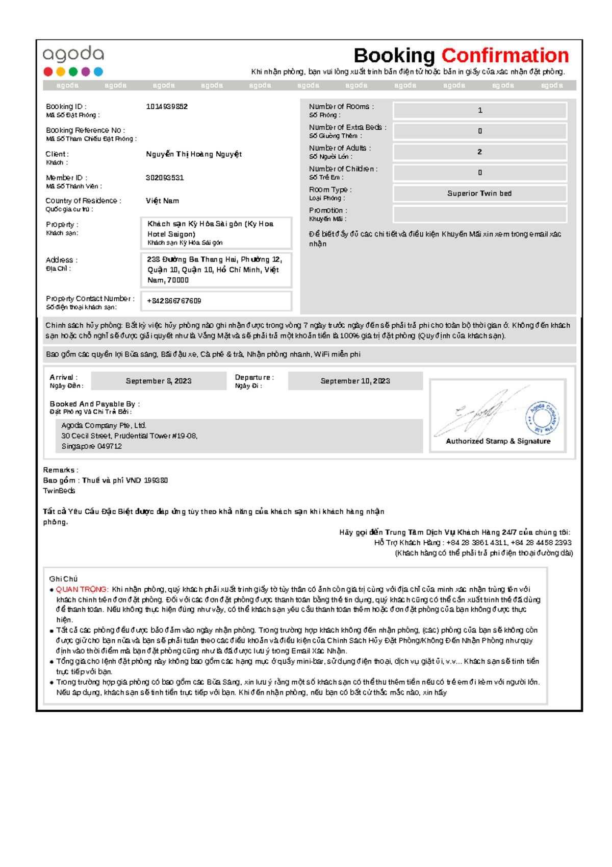 Confirmation for Booking ID # 1014939852 - Booked And Payable By : Đặt ...