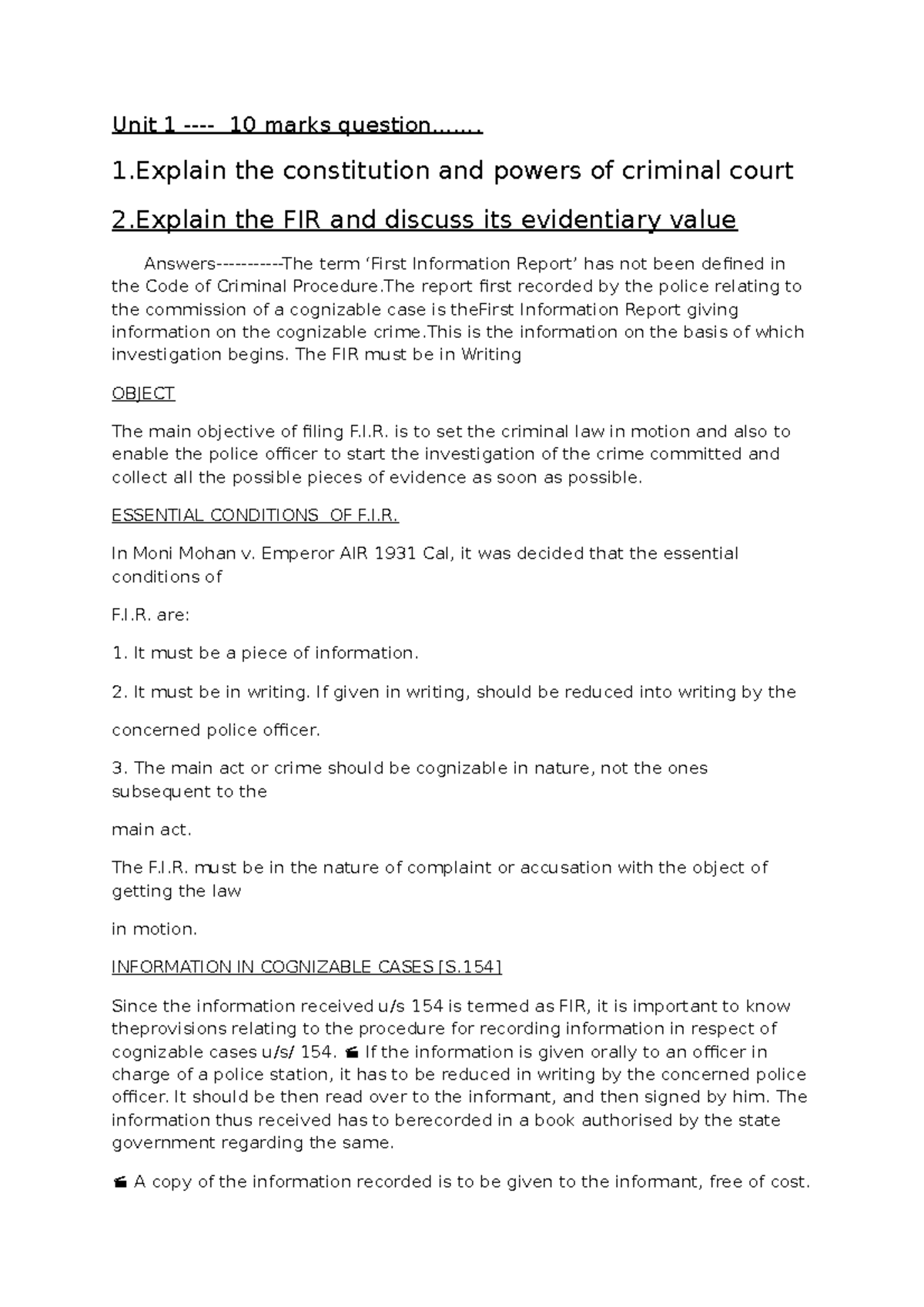 Unit1crpc - 1st unit question - Unit 1 - 10 marks question....... 1 the ...