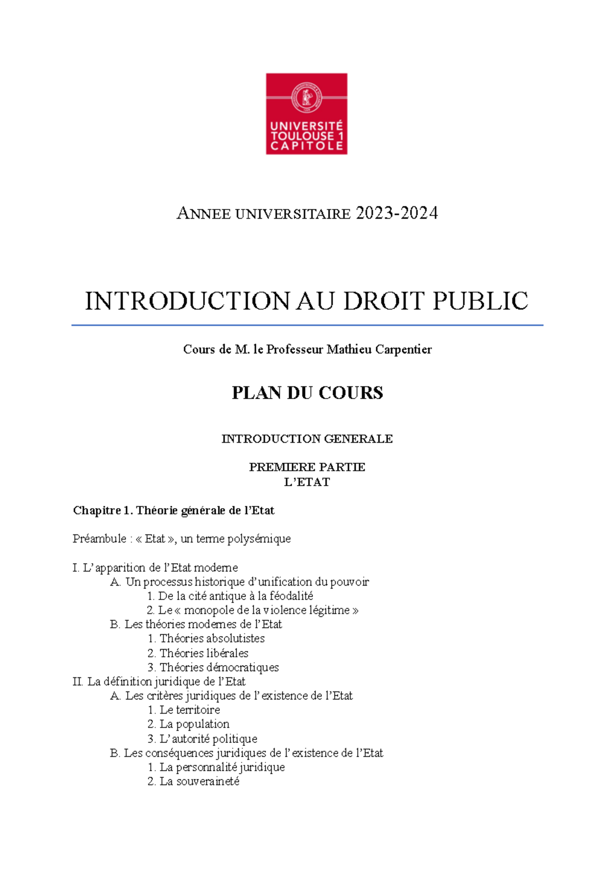 Plan 2023-2024 - laoens - A NNEE UNIVERSITAIRE 2023 - 2024 INTRODUCTION AU DROIT PUBLIC Cours de ...