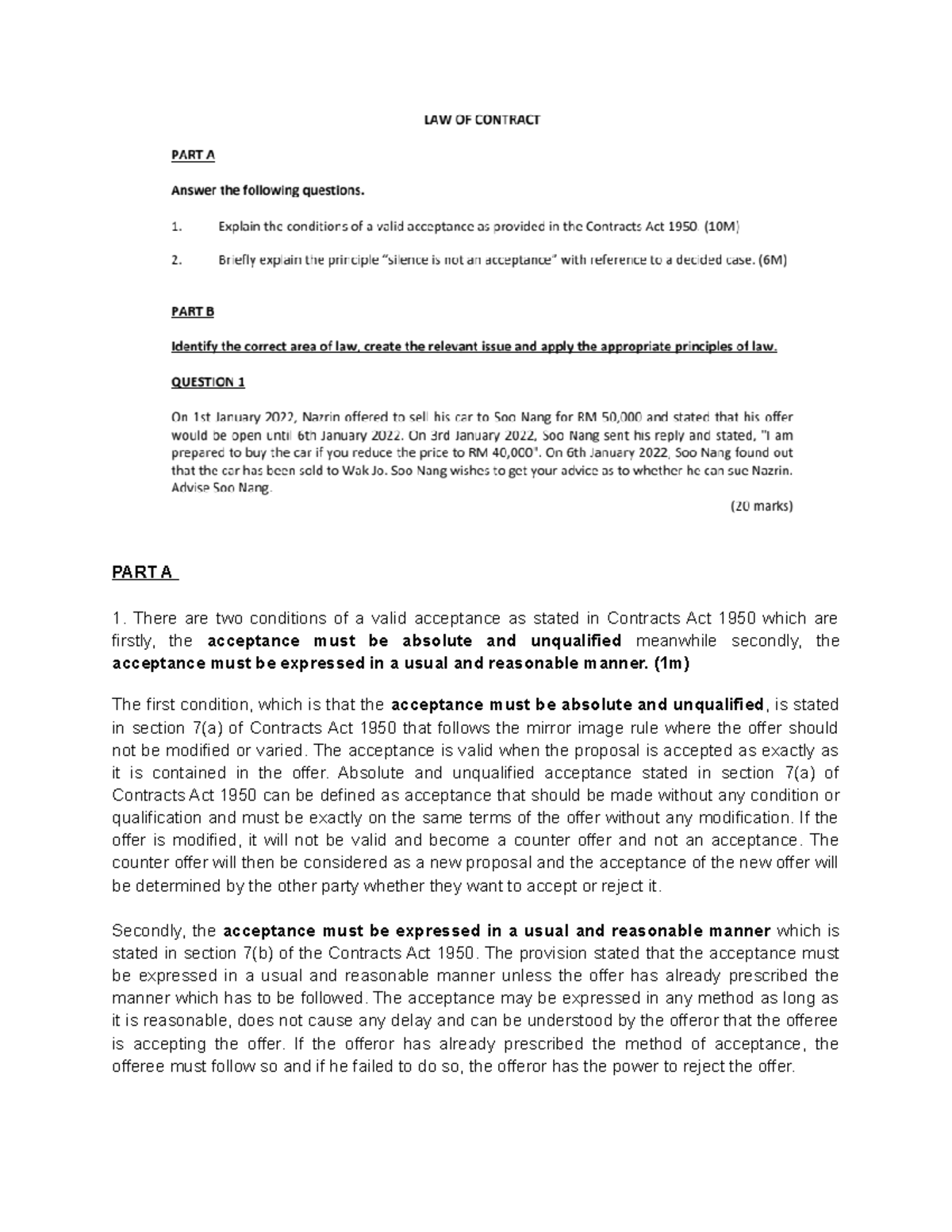 LAW 083 - Tutorial 2 - PART A There are two conditions of a valid acceptance as stated in ...