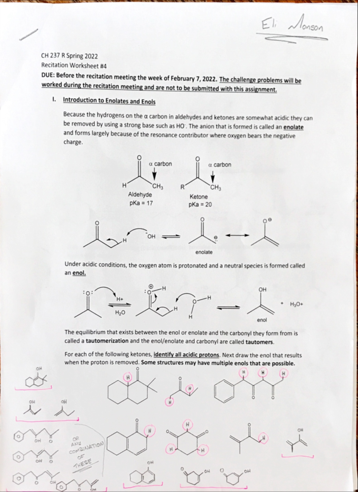 CH 237 Week 4 Recitation Worksheet Key - Eli Monson CH 237 R Spring ...