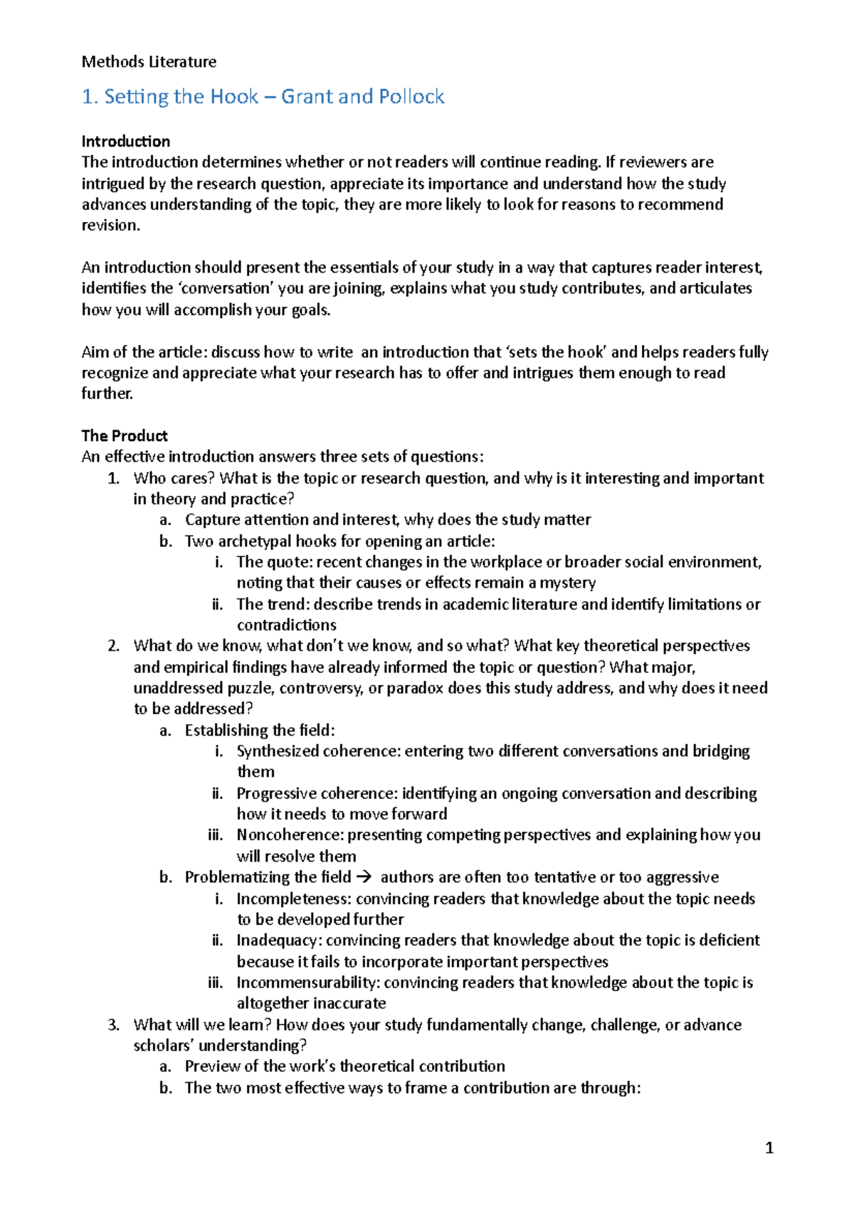 Papers summary Research Methods - 1. Setting the Hook – Grant and ...