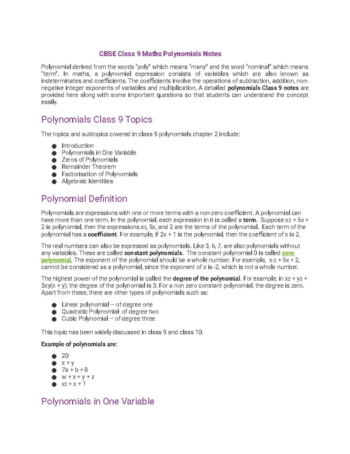 Maths Polynomials Notes - CBSE Class 9 Maths Polynomials Notes ...