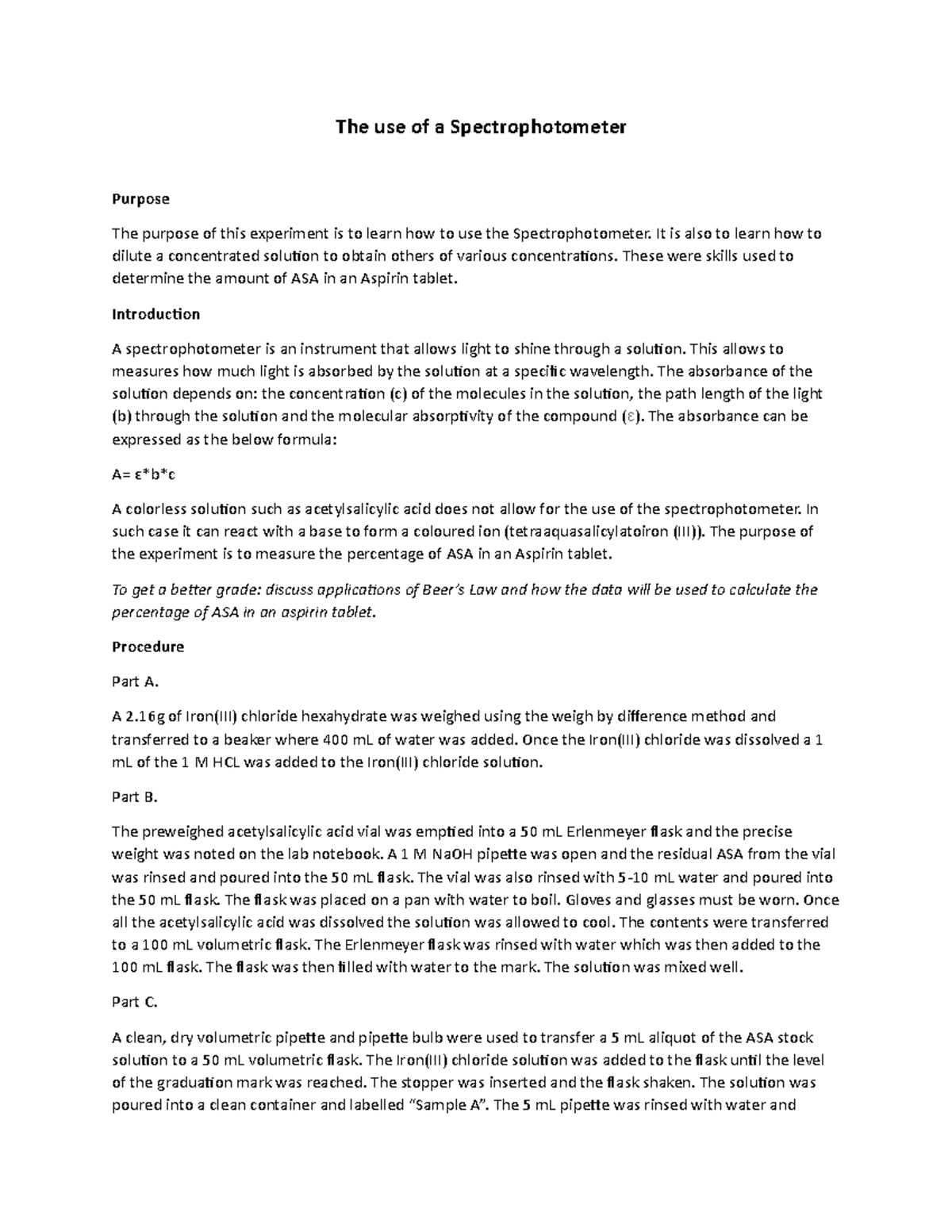 A2 report - The use of a Spectrophotometer Purpose The purpose of this ...