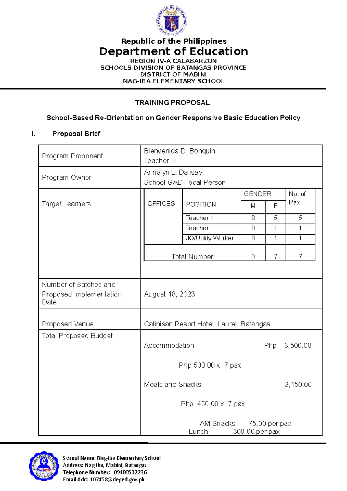 Training Proposal GAD - Department of Education REGION IV-A CALABARZON ...