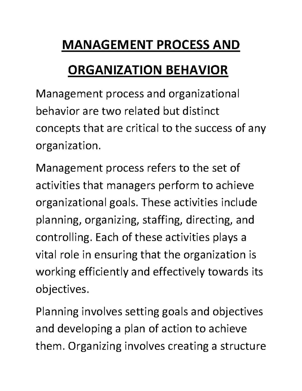 Management Process AND Organization Behavior 1 - MANAGEMENT PROCESS AND ...