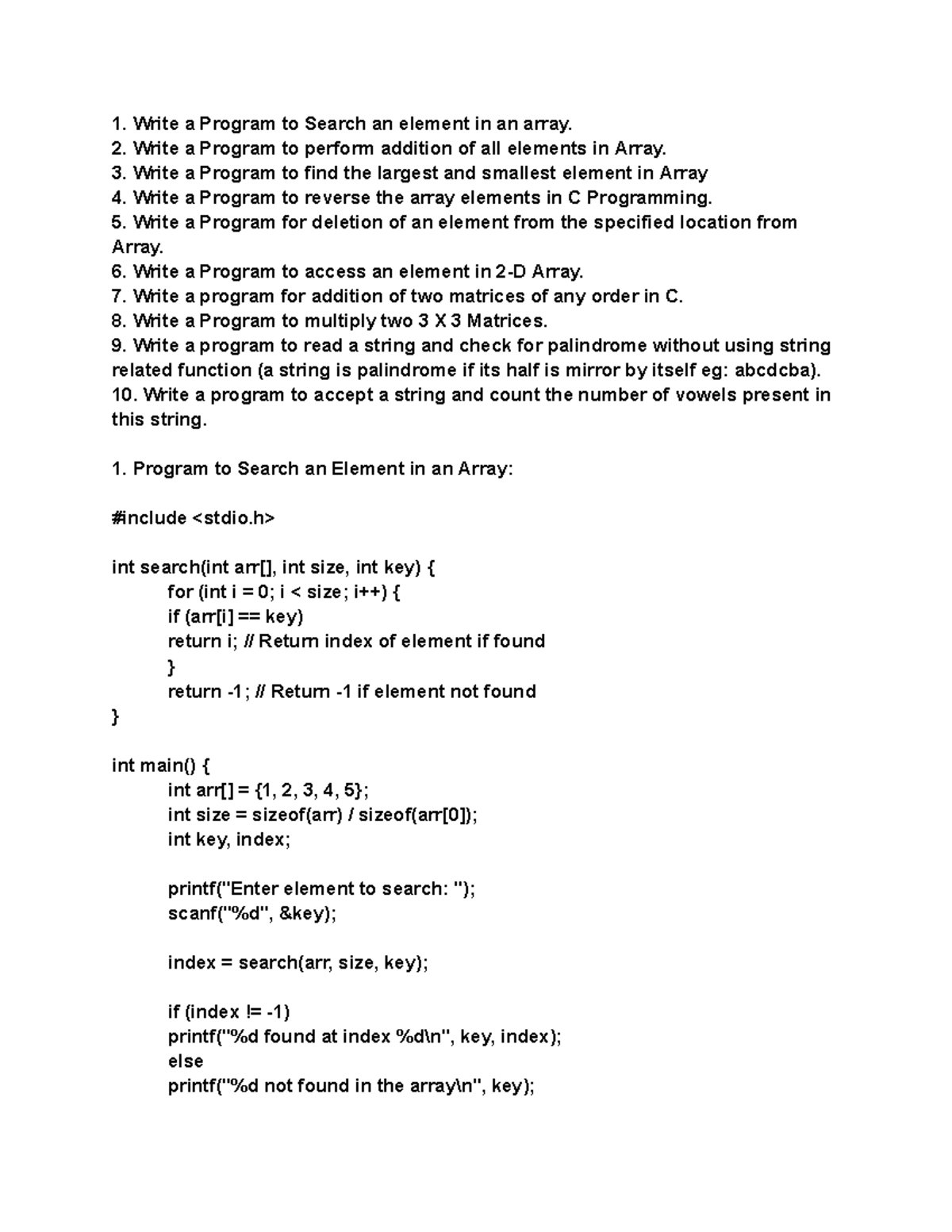 Array And Functions Lab Programs-2 - Write a Program to Search an element in an array. Write a ...