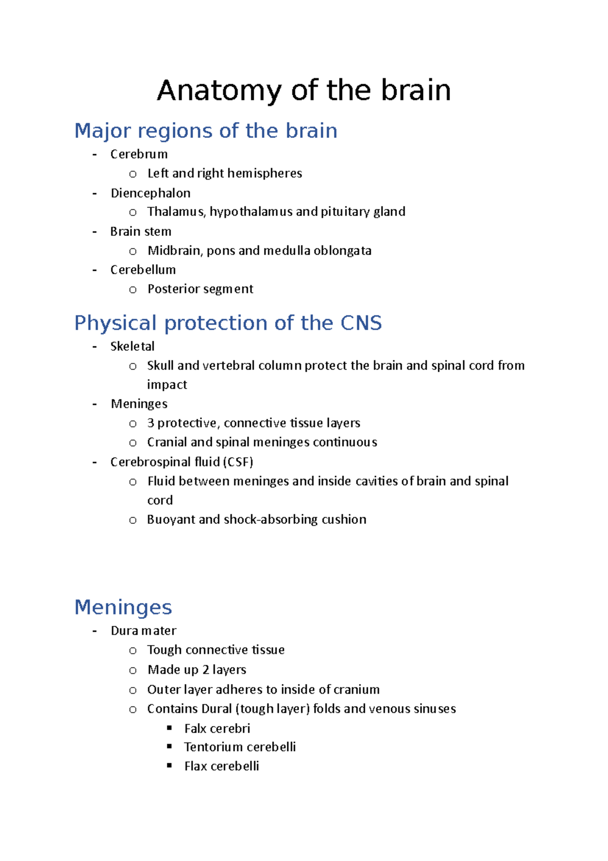 Anatomy of the brain - Lecture notes . - Anatomy of the brain Major ...