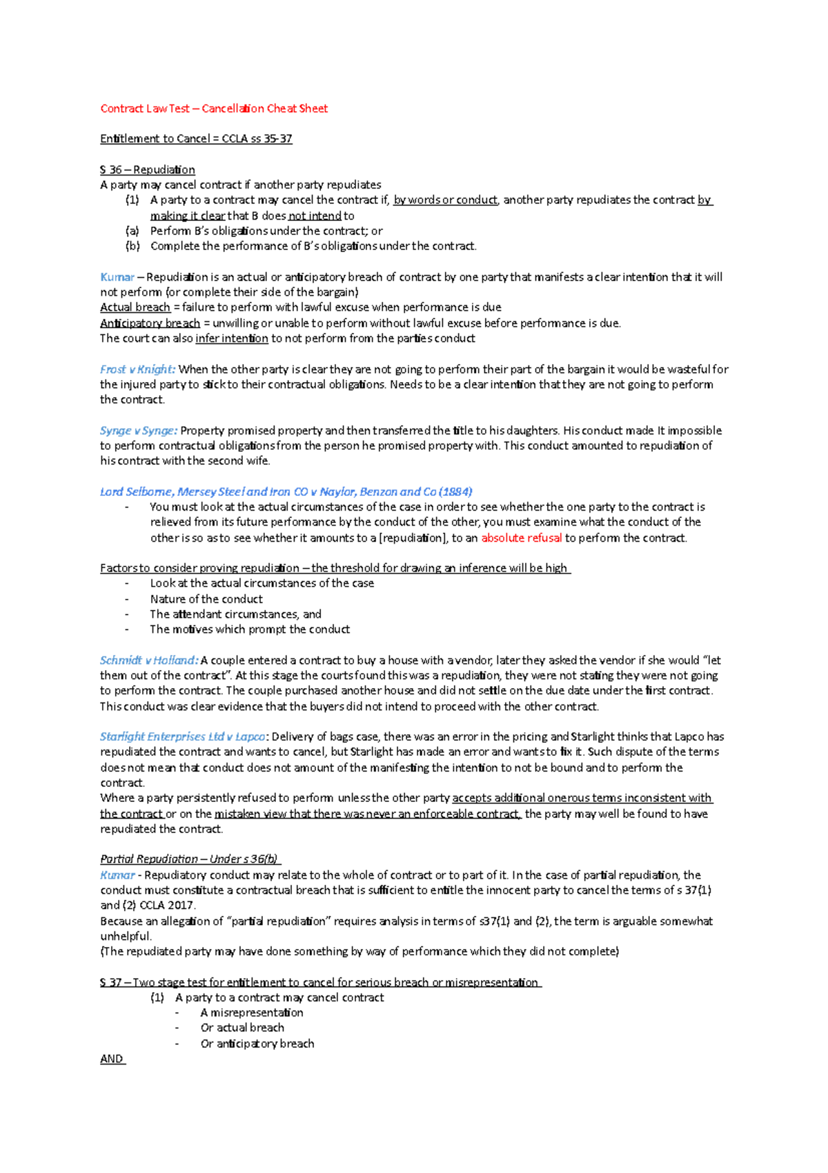 Contract Law Cheat Sheet - Contract Law Test – Cancellation Cheat Sheet ...