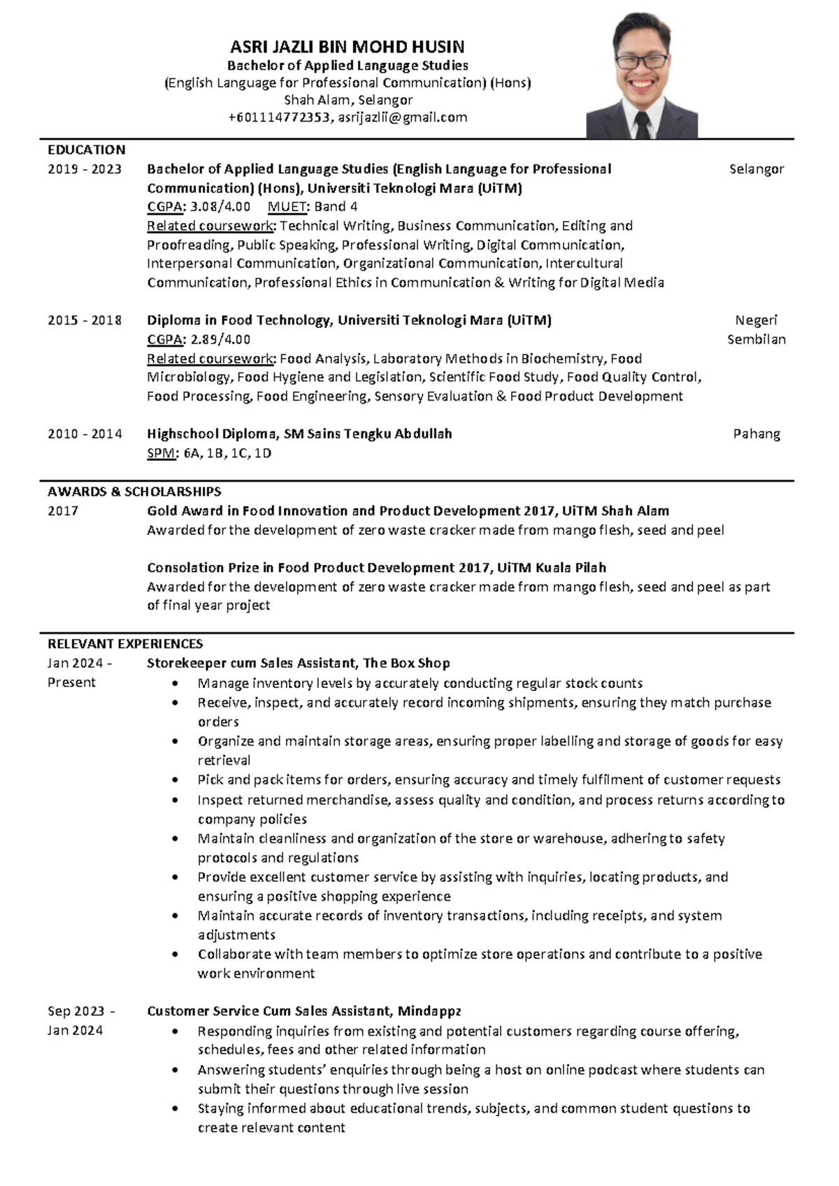 Resume Asri Jazli - no thanks - ASRI JAZLI BIN MOHD HUSIN Bachelor of ...