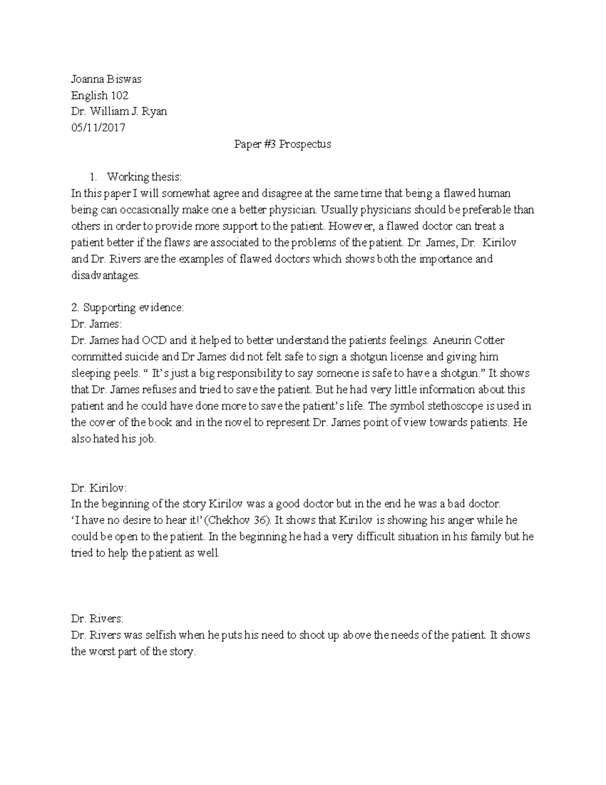 Prospectus of essay - Joanna Biswas English 102 Dr. William J. Ryan 05 ...