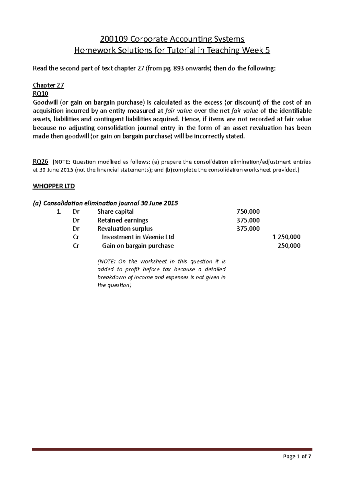 Tut Wk 05 Homework Solutions - 200109 Corporate Accounting Systems ...