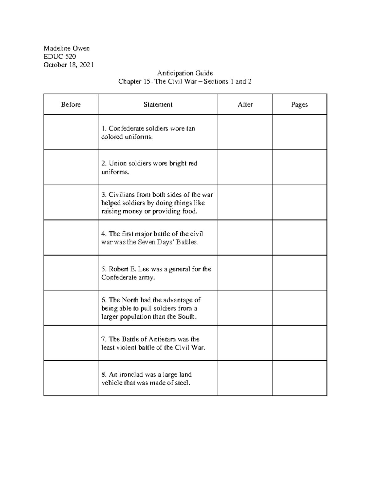 Sample Student Assessment - Anticipation Guide - Madeline Owen EDUC 520 ...