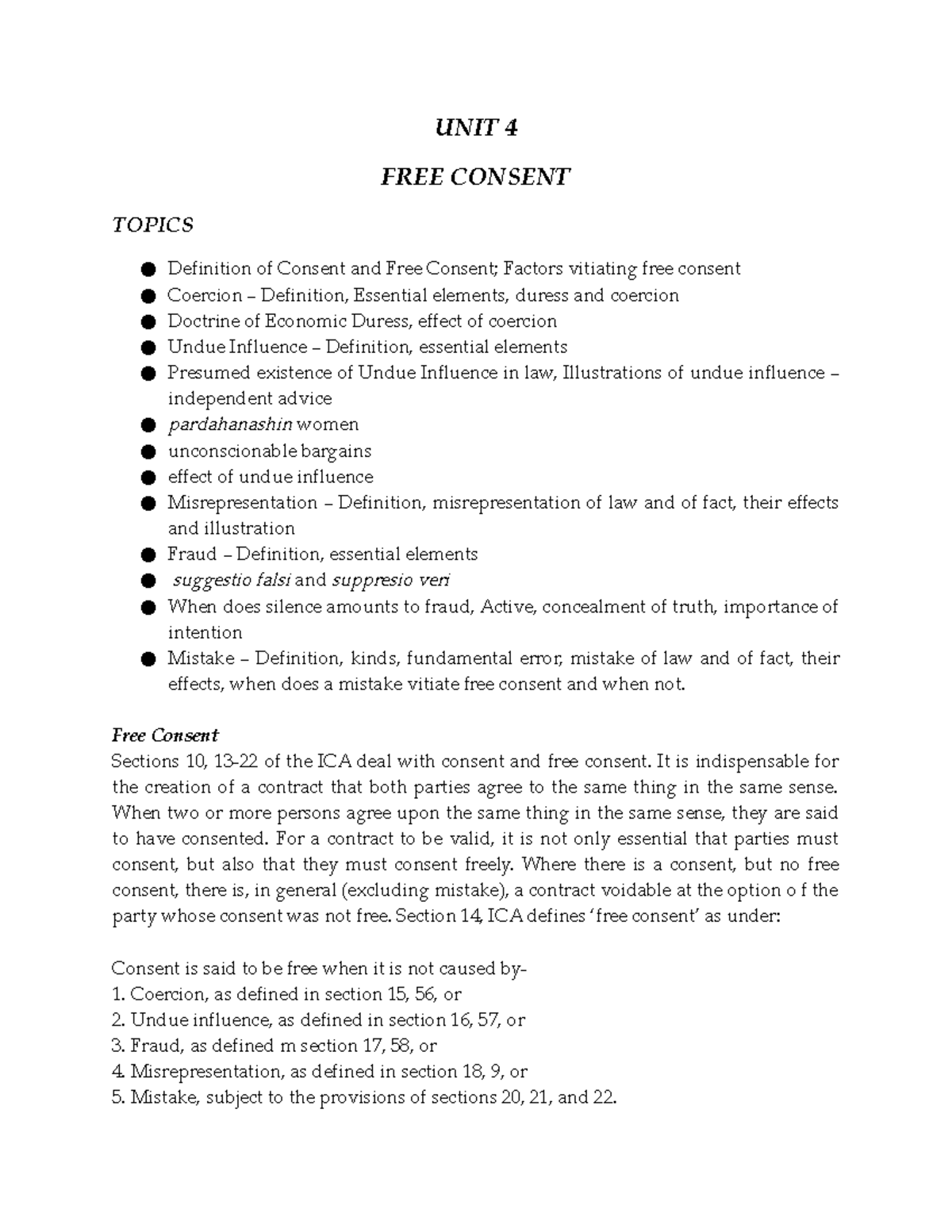 Contracts Unit 4 Lecture Notes 13 16 Unit 4 Free Consent Topics Definition Of Consent And