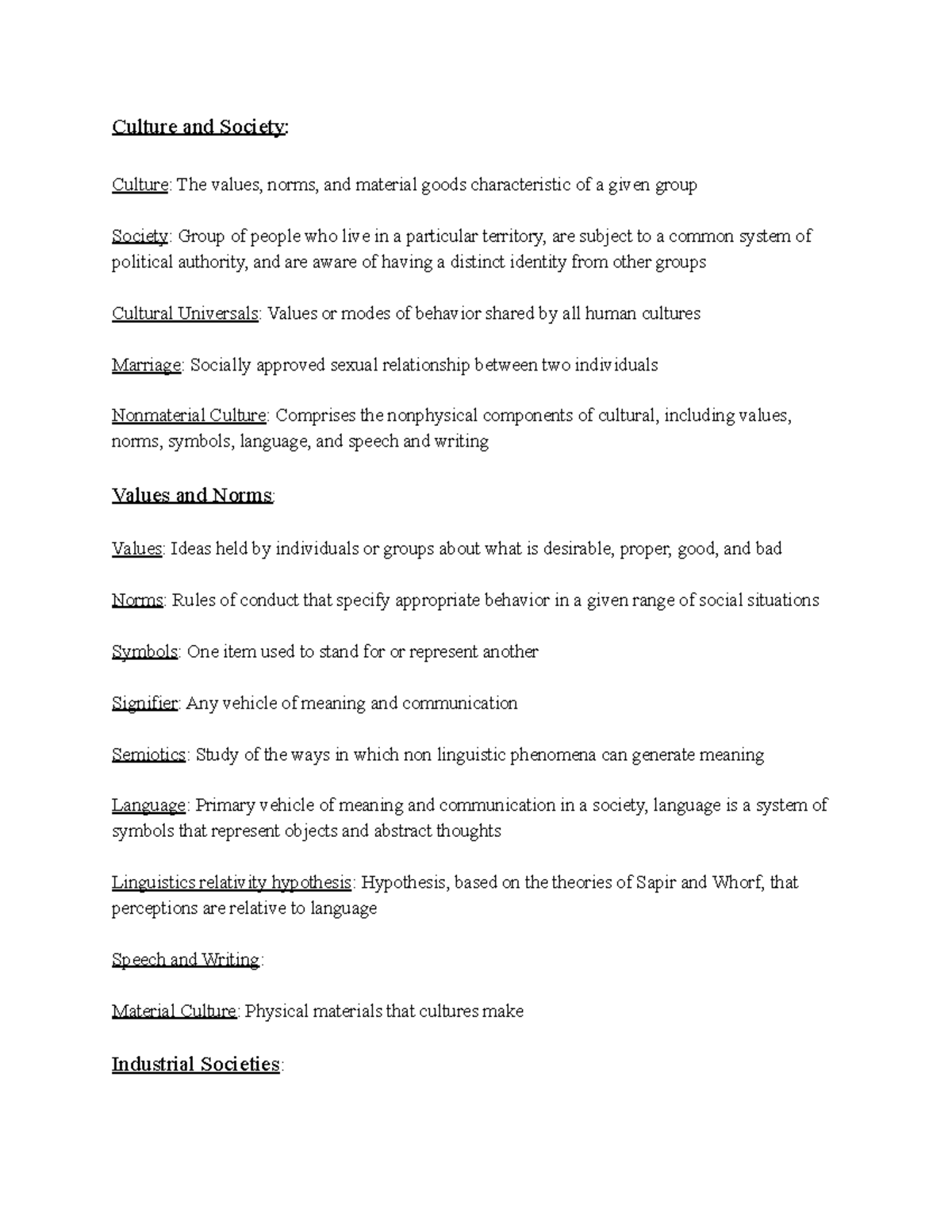 SOC200 Chapter 3 Notes - Culture and Society: Culture: The values ...