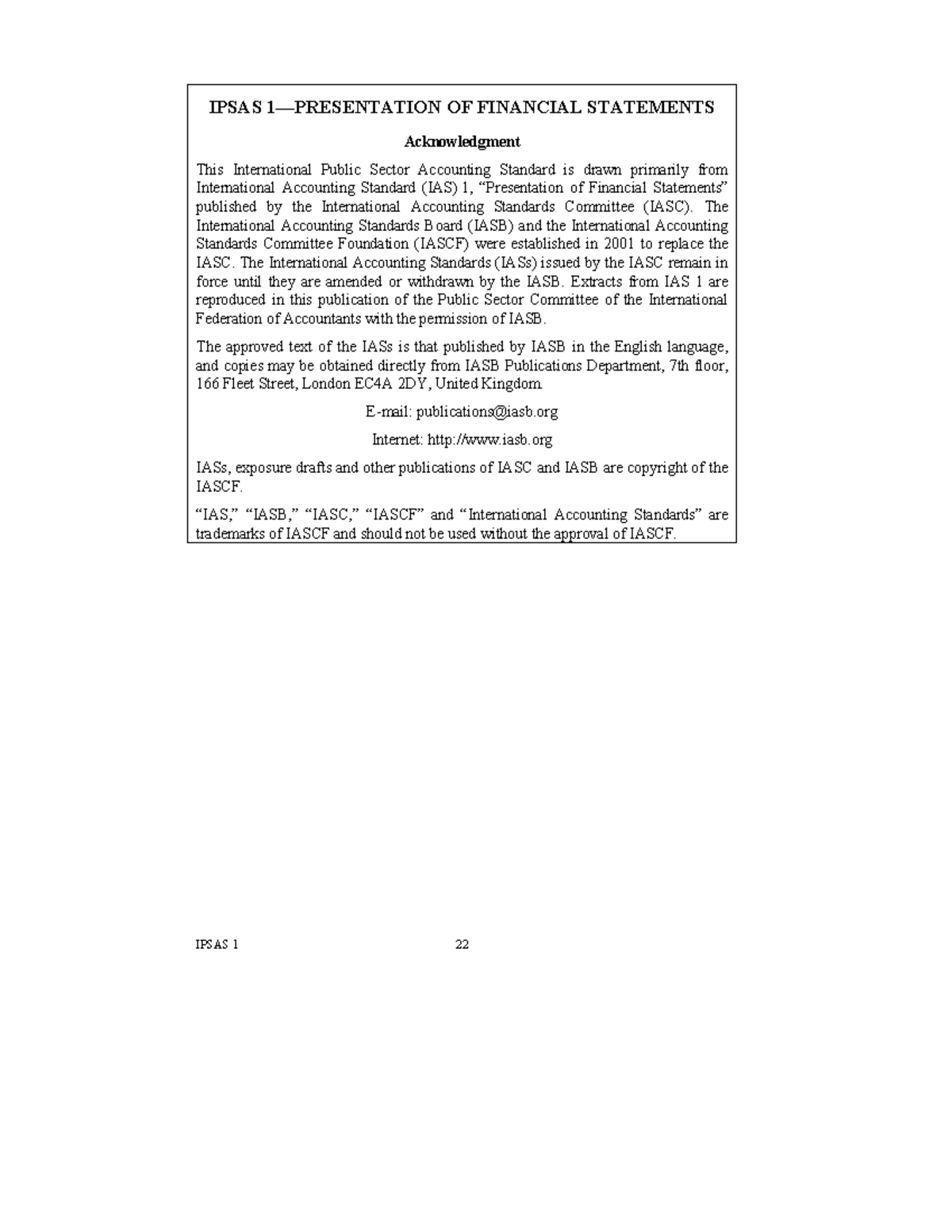 Ipsas 1 - IPSAS 1—PRESENTATION OF FINANCIAL STATEMENTS Acknowledgment ...