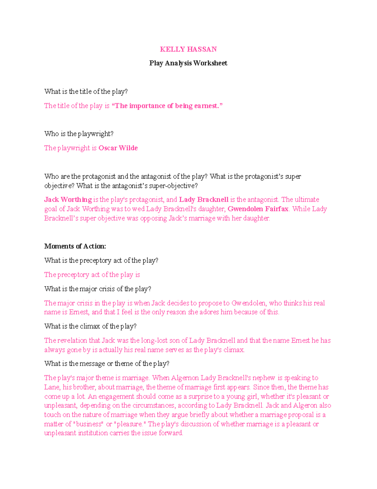 Play Analysis Worksheet - KELLY HASSAN Play Analysis Worksheet What is ...