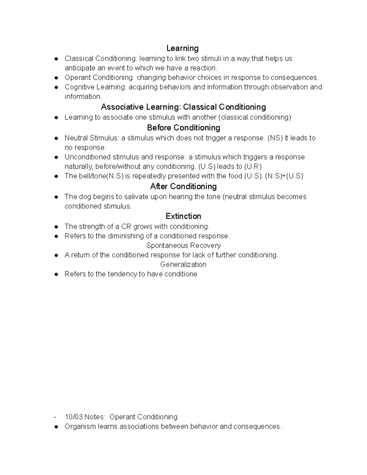 Psych Notes 9/30 & 10/03 - Learning Classical Conditioning: learning to ...