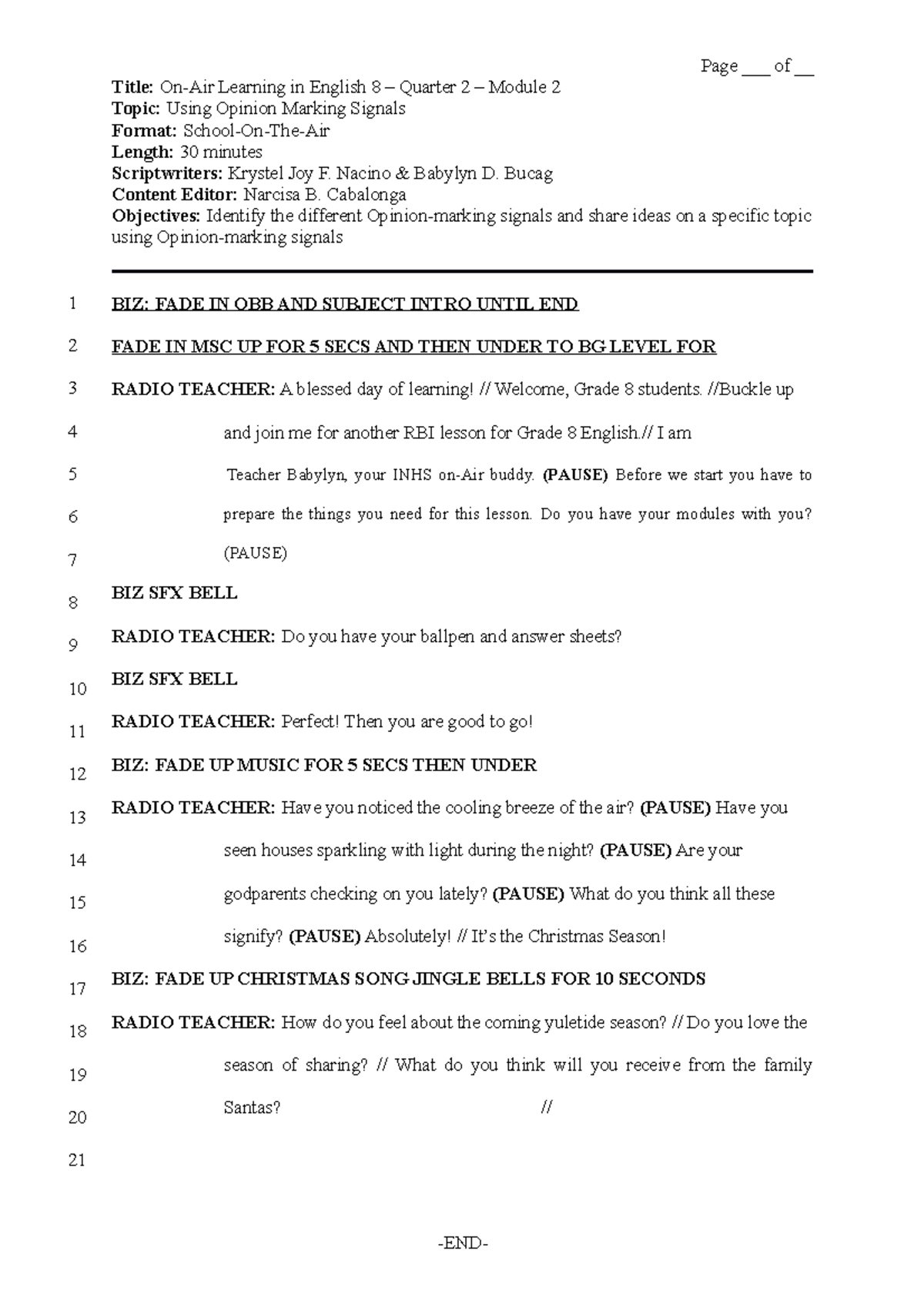 RBI English 8 Module 2 Script Final - Title: On-Air Learning in English ...